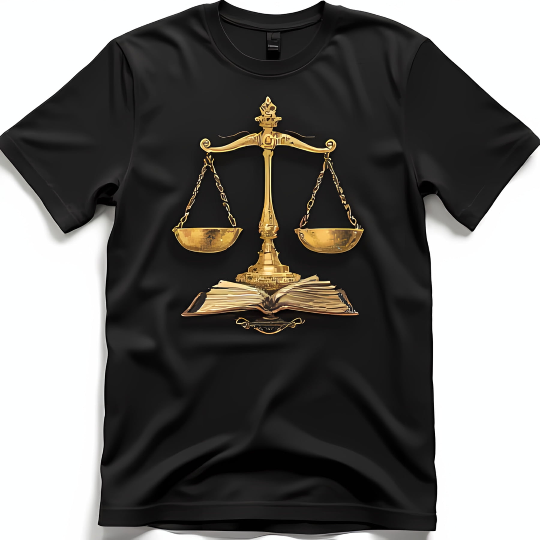 Black T-Shirt with Gold Scale of Design on Open Book Legal Theme ...