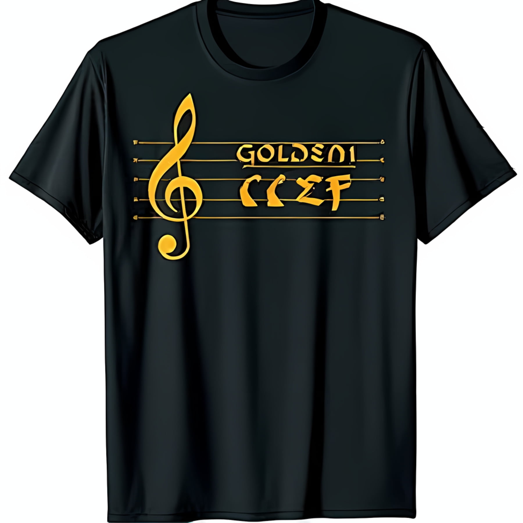 Black T-Shirt with Gold Treble Music Staff & Notes Golden CDEF Design ...