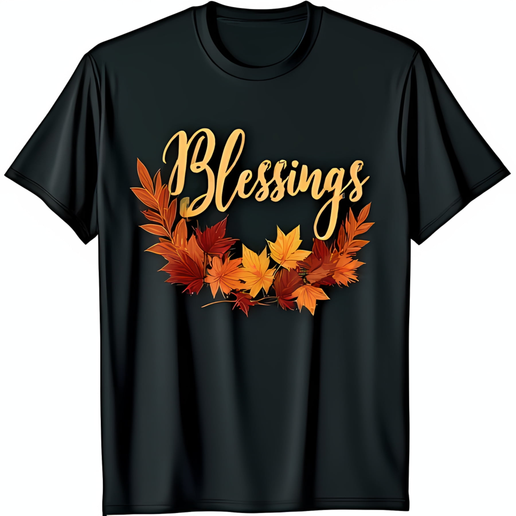 Black T-Shirt with Golden 'Blessings' Inscription and Vibrant Fall ...