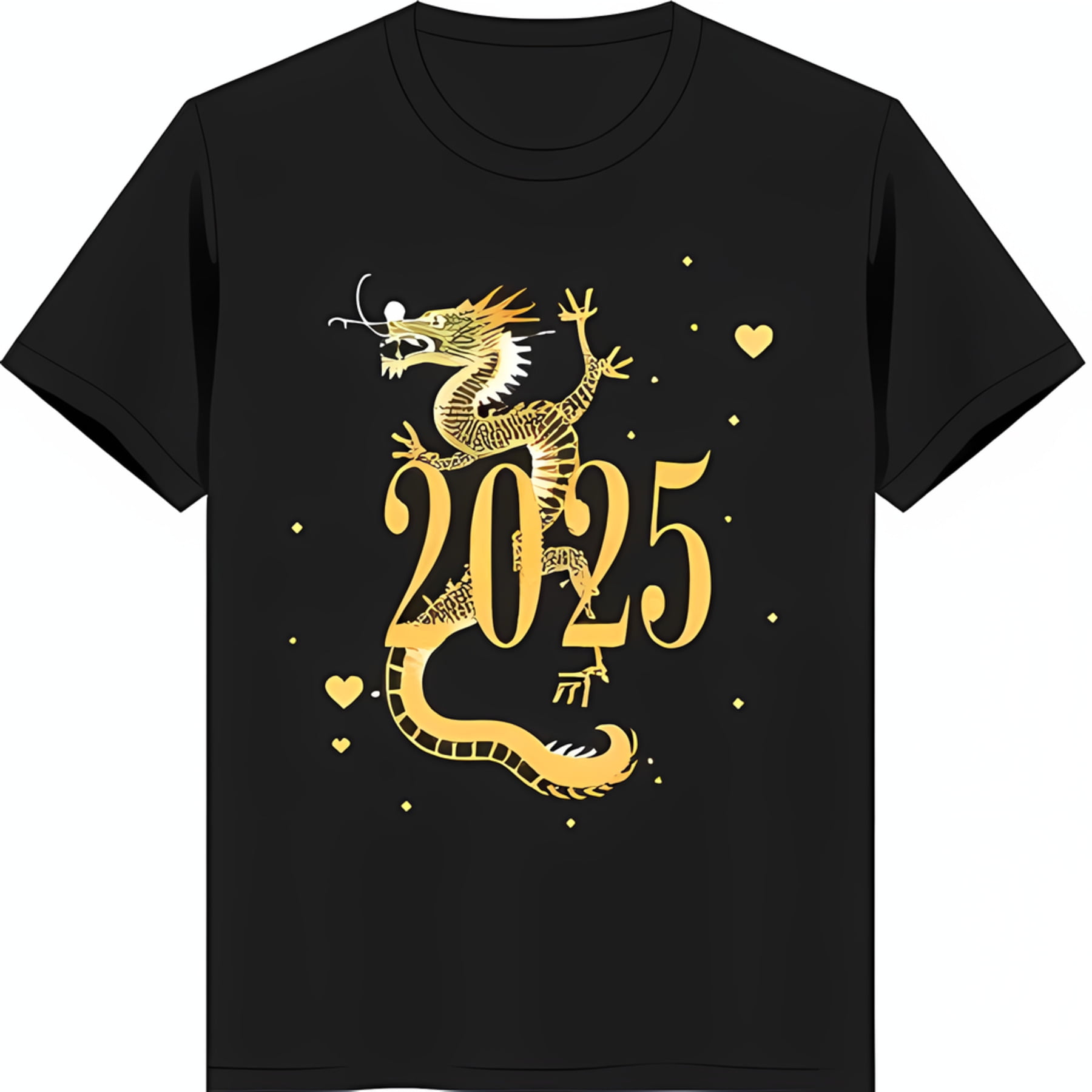 Black T-Shirt with Golden Chinese Design and 2025 Print Classic Neck ...