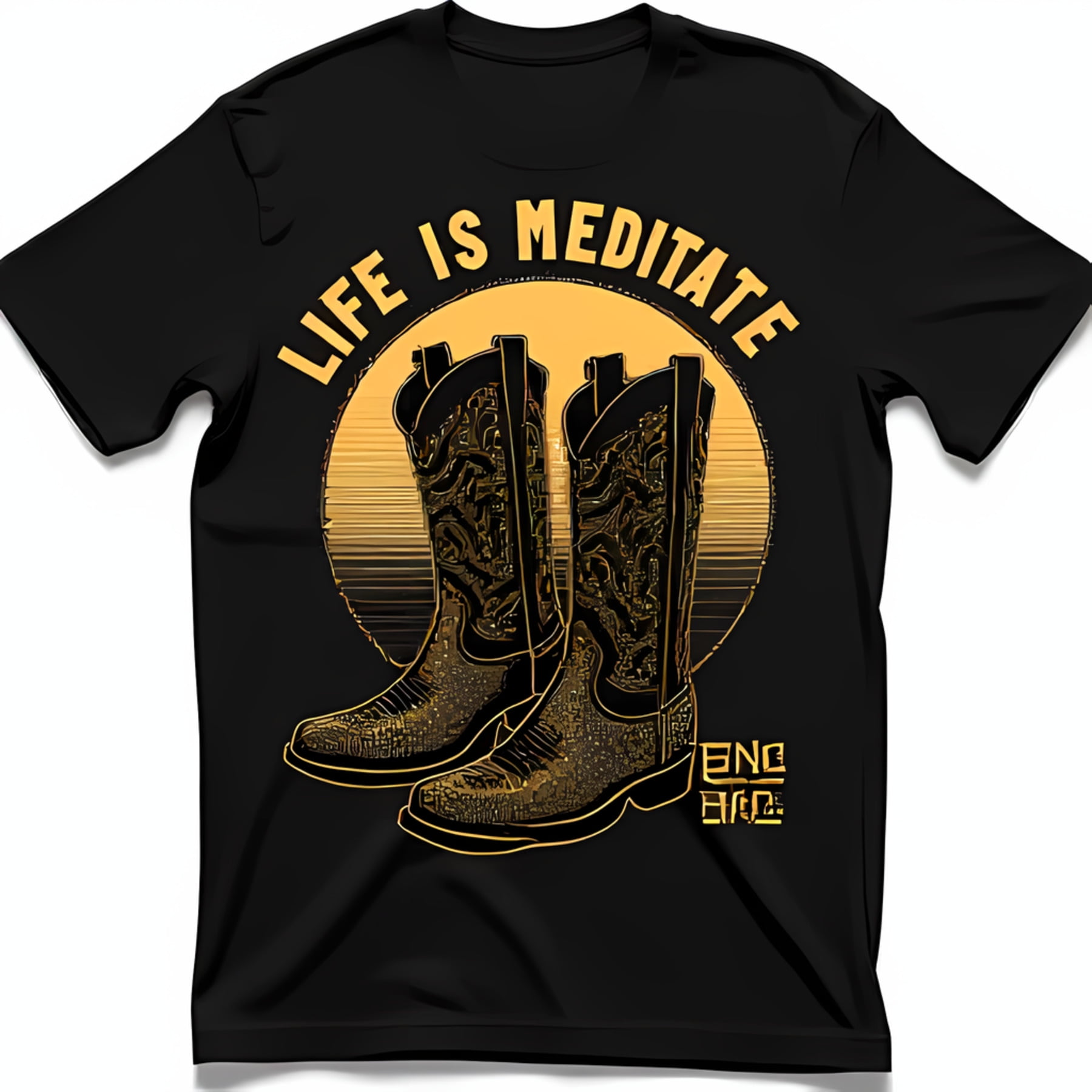 Black T-Shirt with Golden Cowboy Graphic & 'Life is Meditate' Design ...