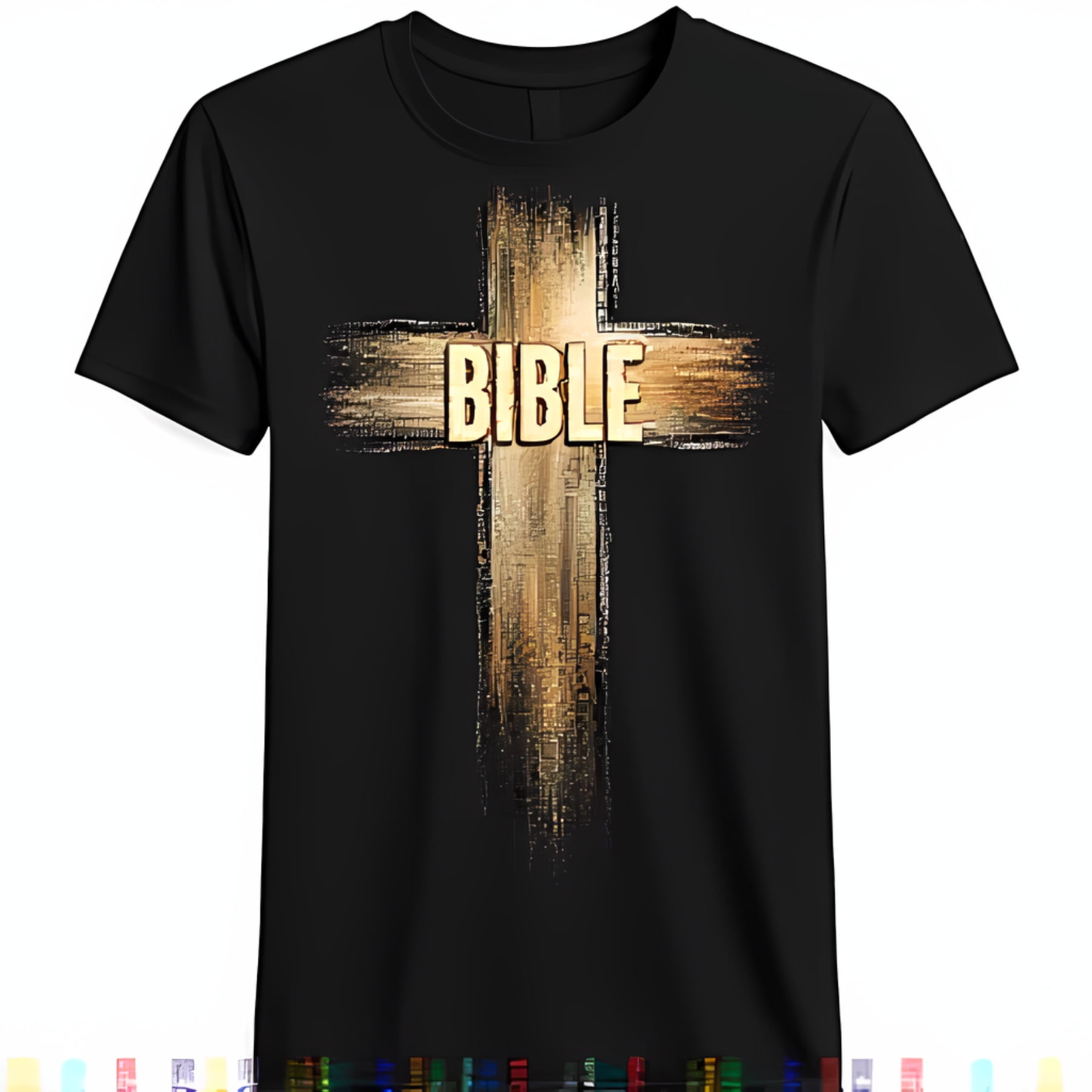 Black T-Shirt with Golden Design and 'BIBLE' Inscription Bold Statement ...