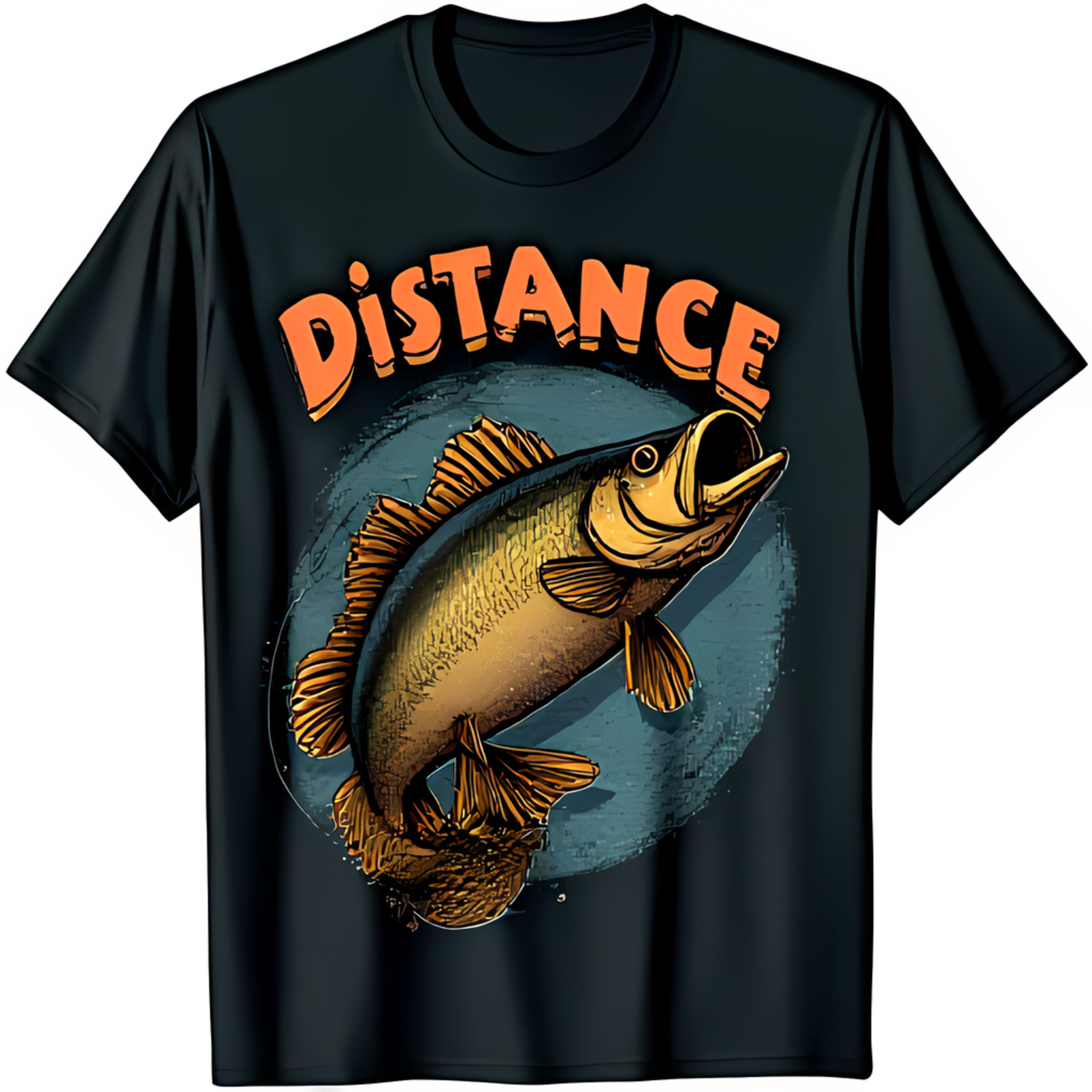 Black T-Shirt with Golden Fish Graphic & Bold 'Distance' Design ...