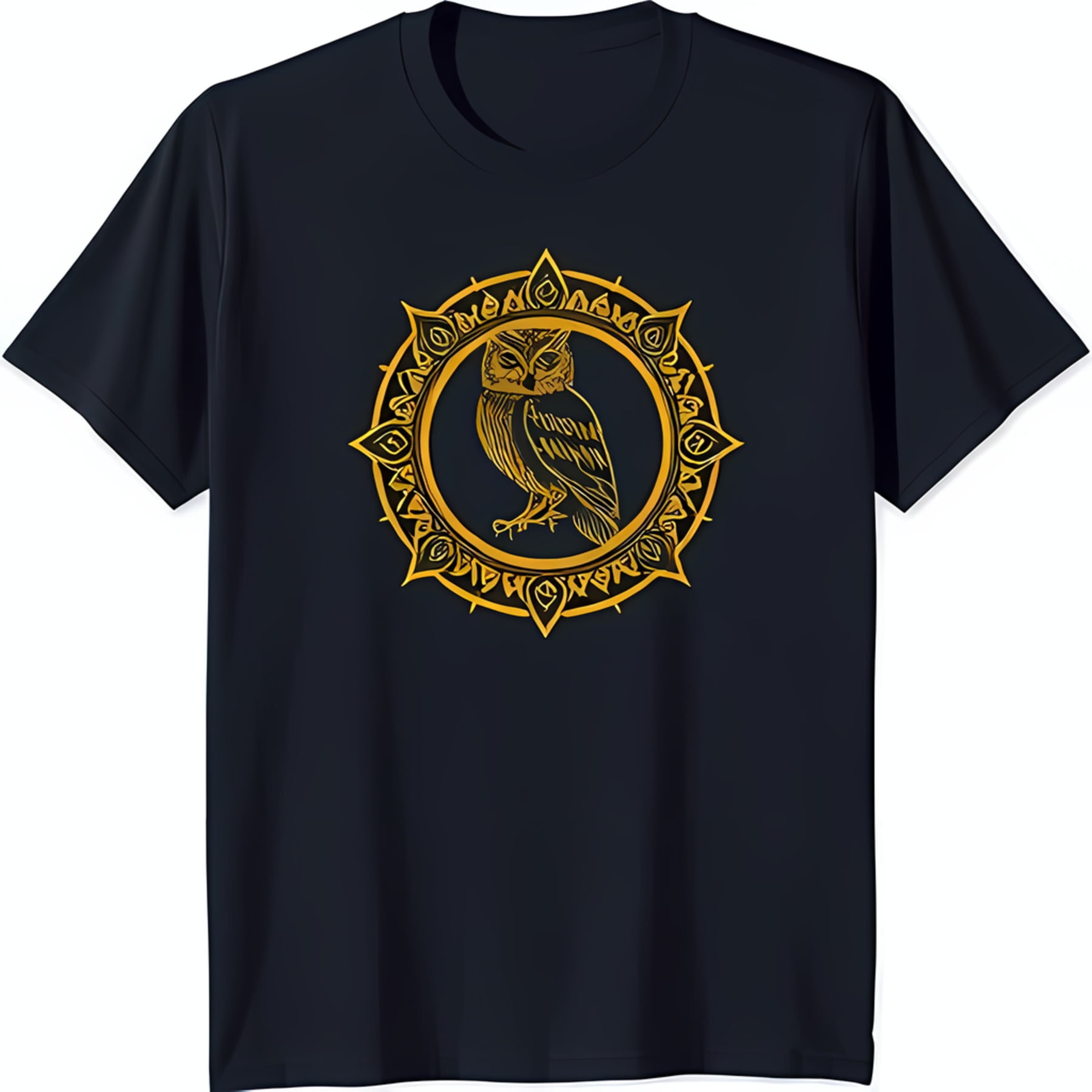 Black T-Shirt with Golden Mystical Owl Design and Intricate Circular ...