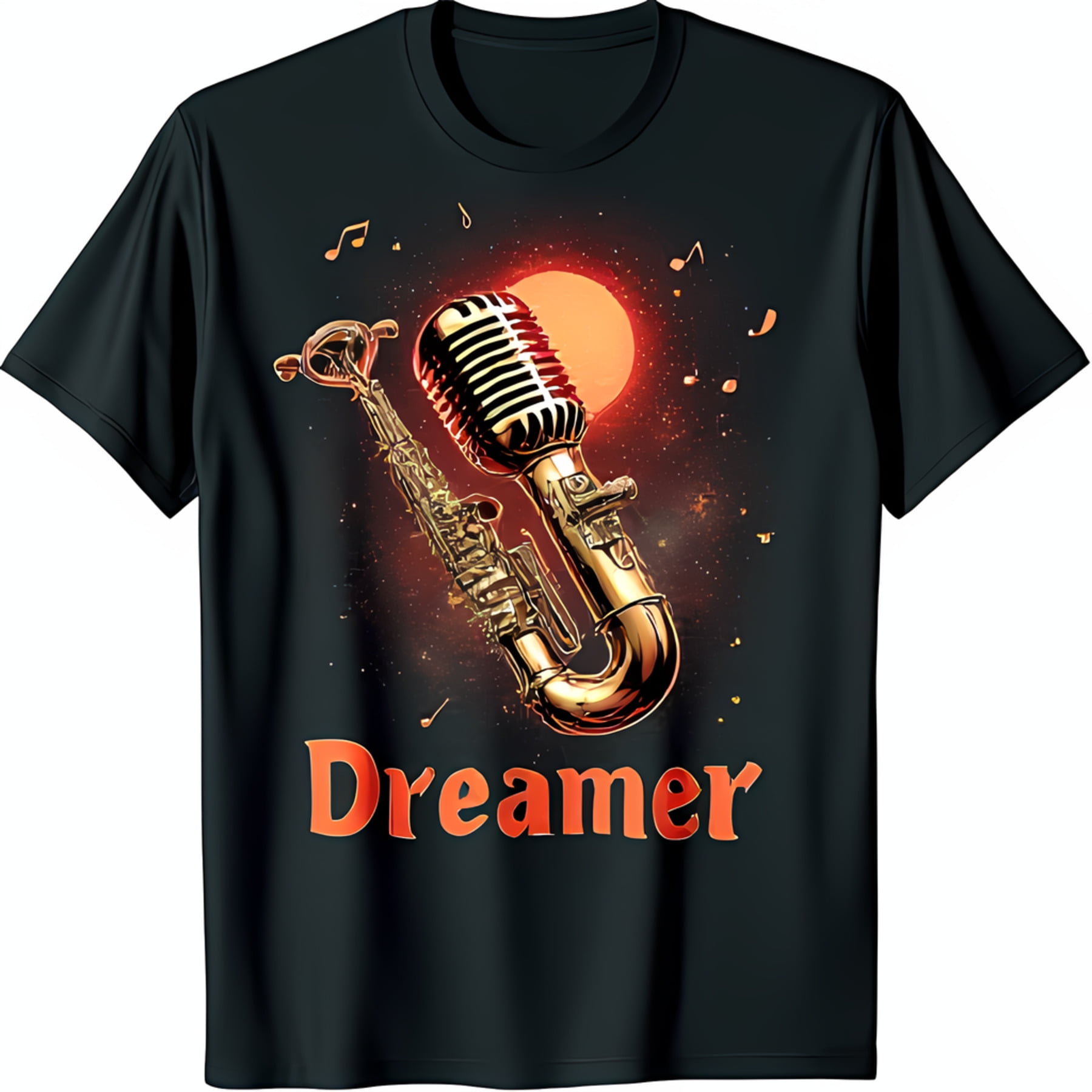 Black T-Shirt with Golden Saxophone & Retro Graphic Dreamer Design ...