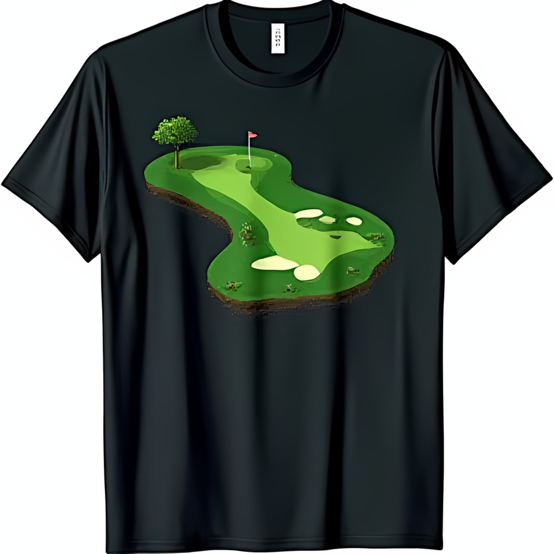 Black T-Shirt with Golf Course Graphic: Winding Green Sand & Tree ...