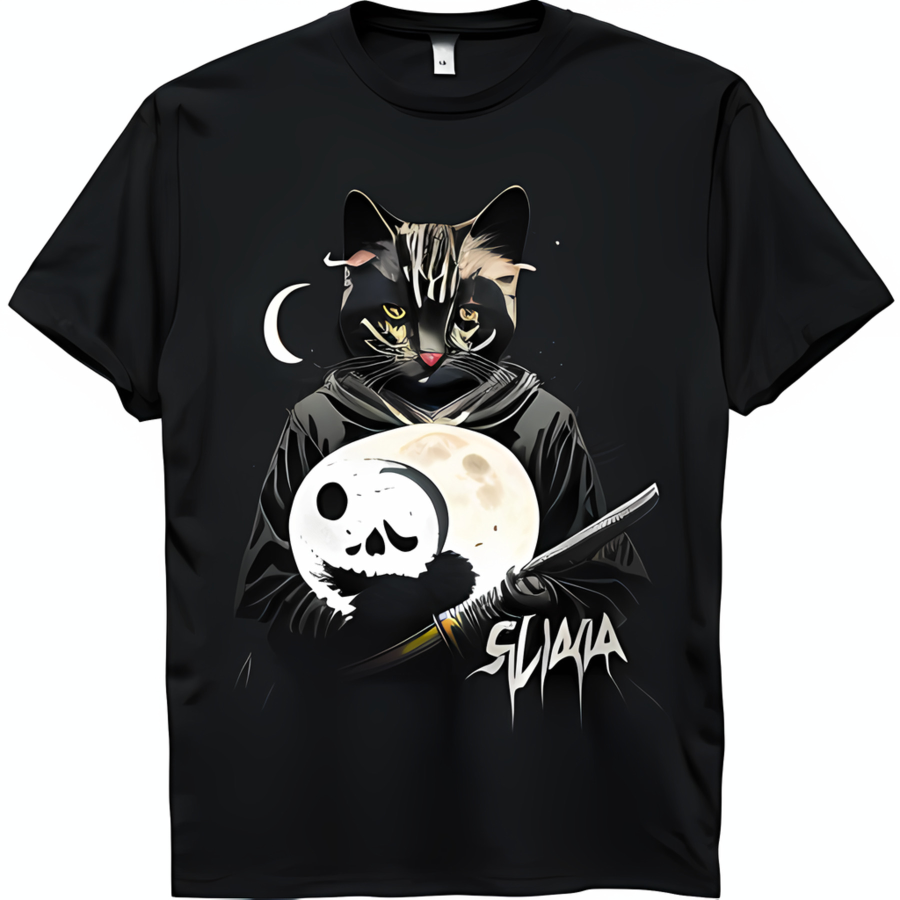Black T-Shirt with Gothic Cat Holding Moon & Katana Edgy Graphic Tee ...