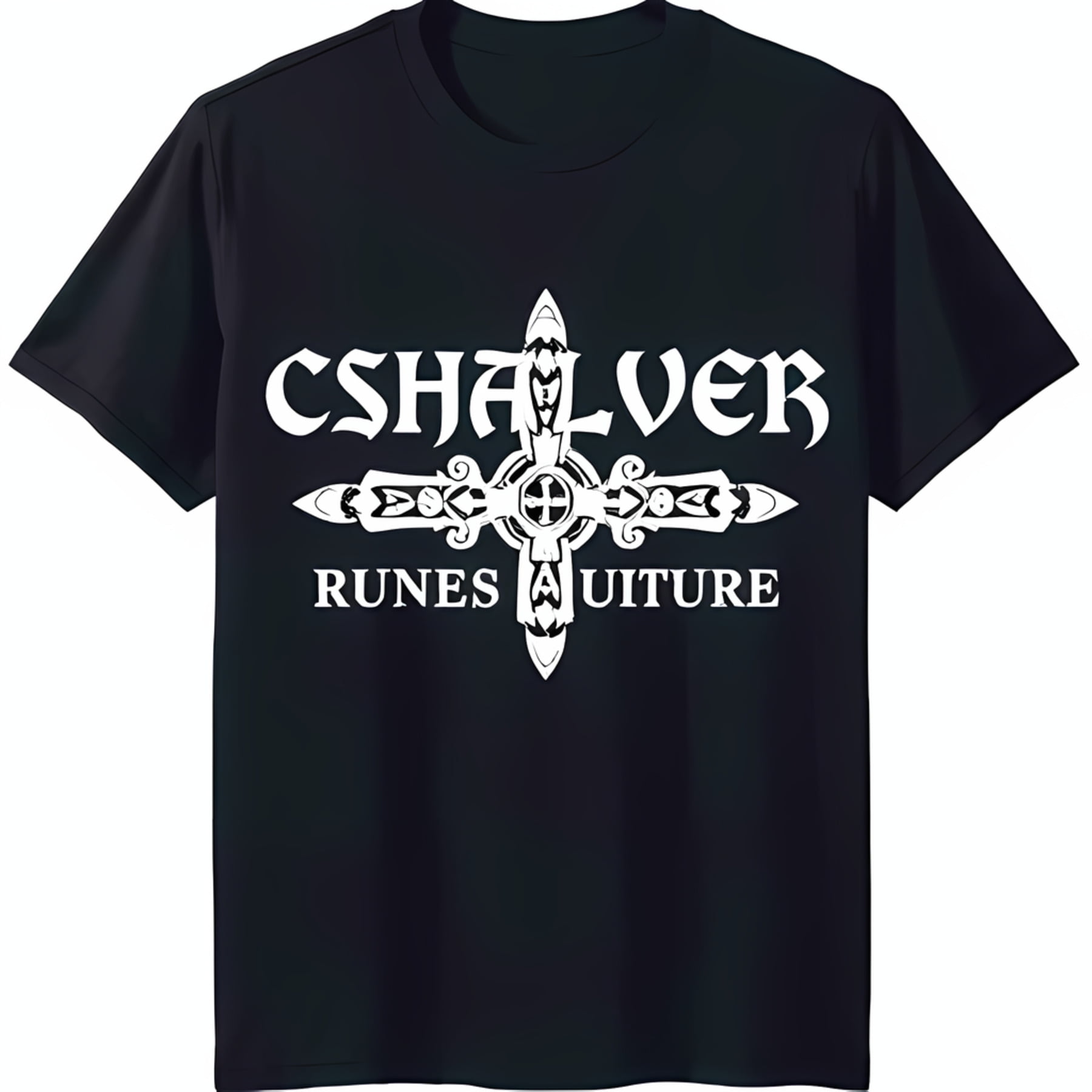 Black T-Shirt with Gothic Design and 'CSHALVER RUNES UITURE' Text ...