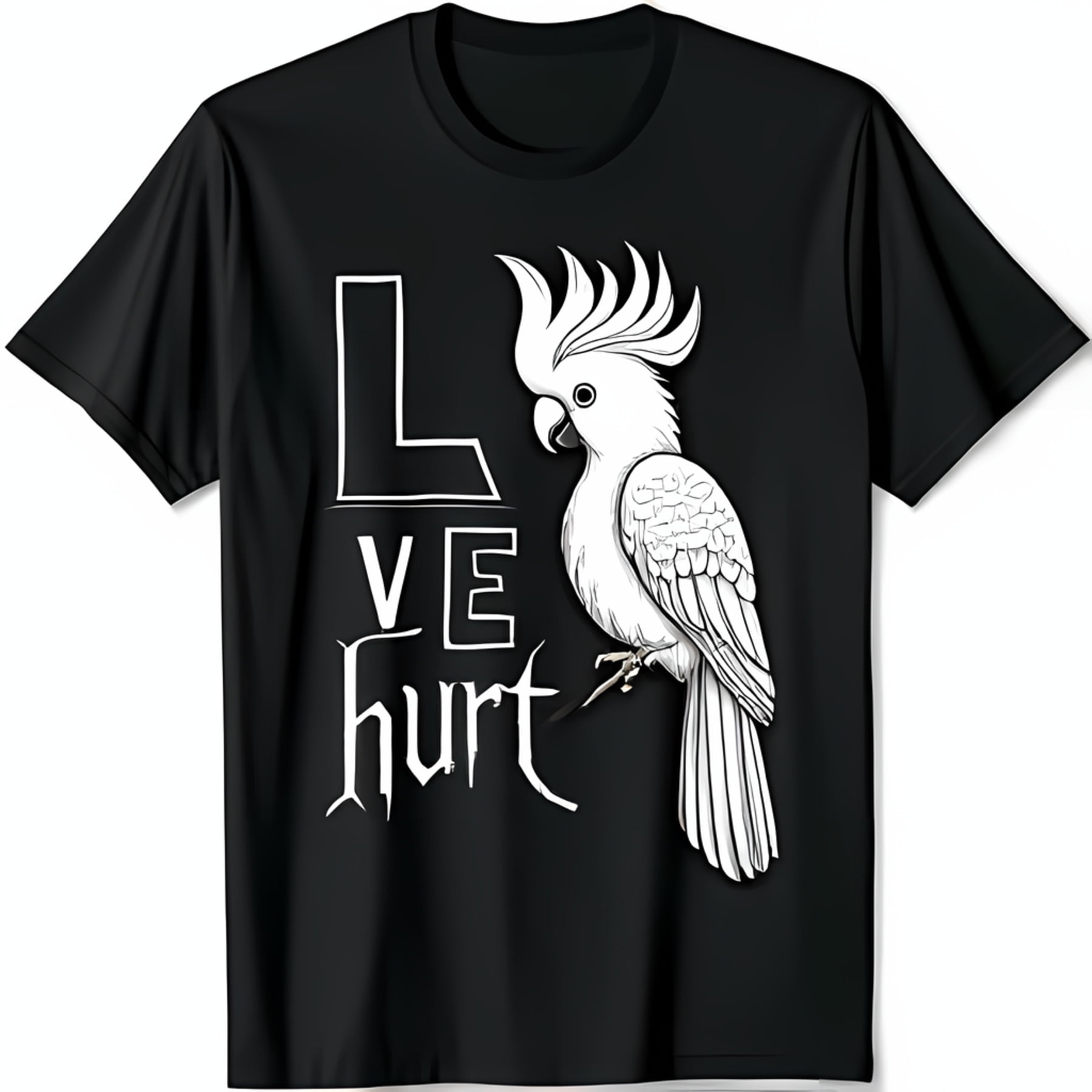 Black T-Shirt with Gothic 'Love Hurt' Graphic and White Cockatoo Design ...