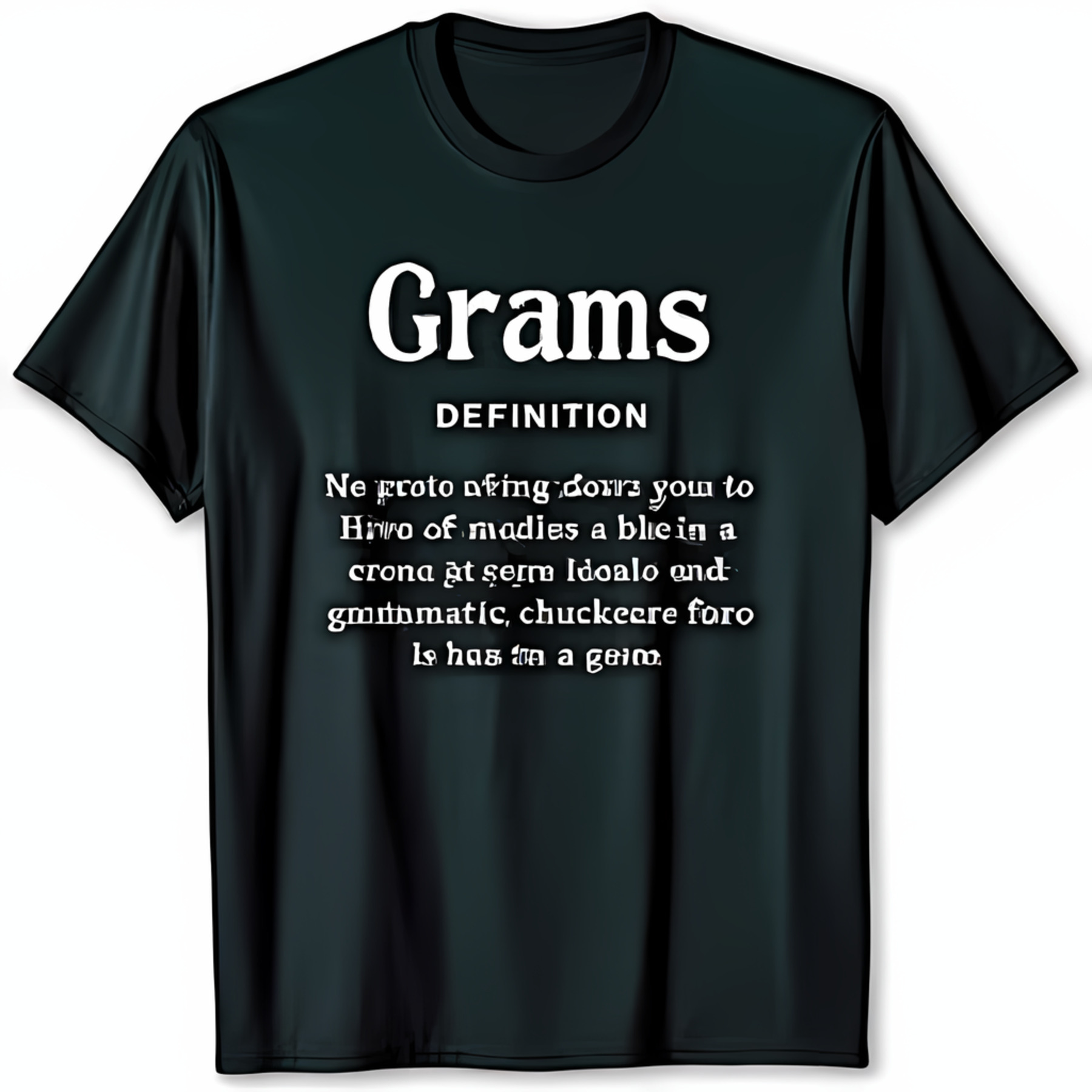 Black T-Shirt with 'Grams' in Bold White Letters and Mock Language ...
