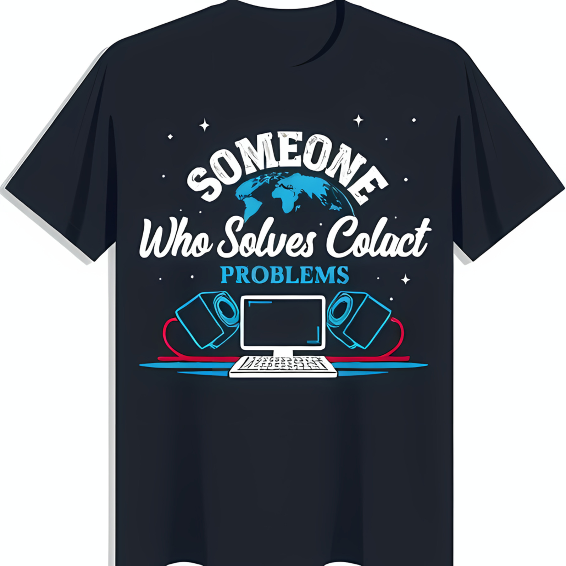 Black T-Shirt with Graphic Design: Computer Speakers Globe & Stars ...