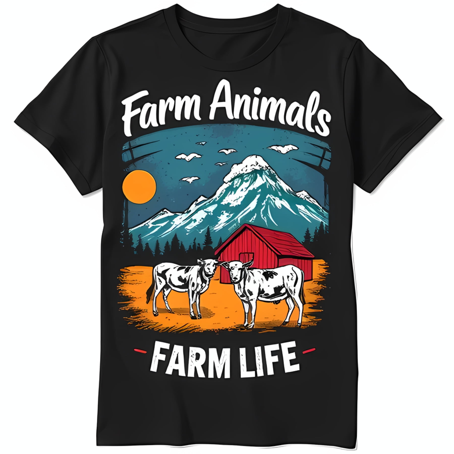 Black T-Shirt with Graphic Design of Cows Red Barn & Mountains 'Farm ...
