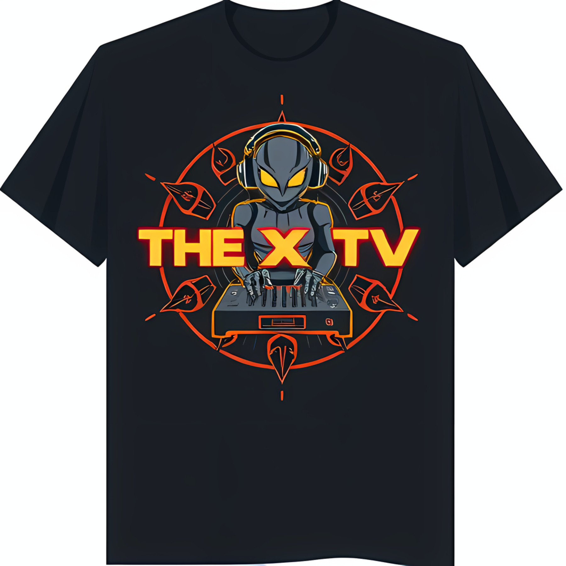 Black T-Shirt with Graphic Design of Helmeted Figure at Soundboard 'THE ...