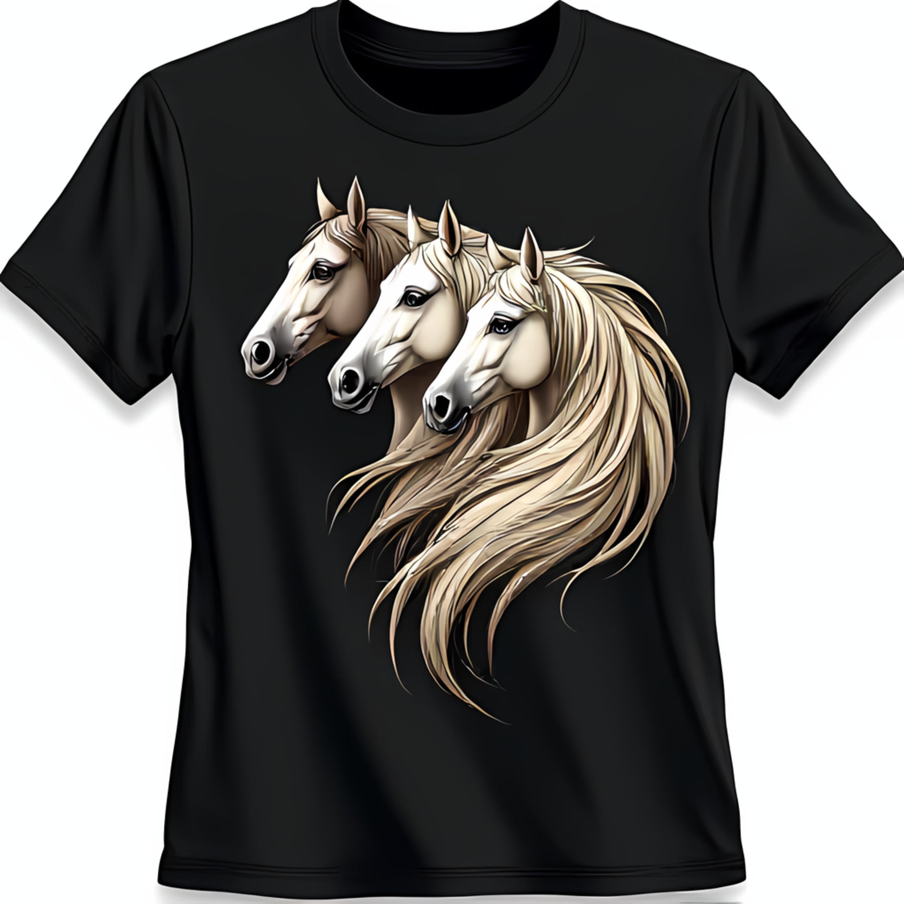 Black T-Shirt with Graphic Design of Three Majestic White Horses in a Row - Walmart.com