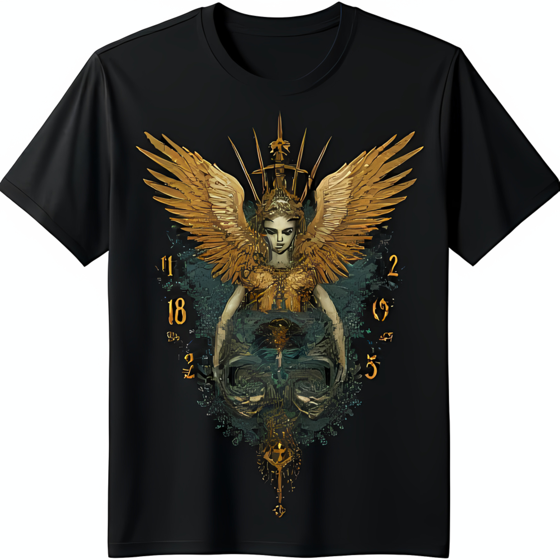 Black T-Shirt with Graphic Golden Wings & Butterfly Design Death ...