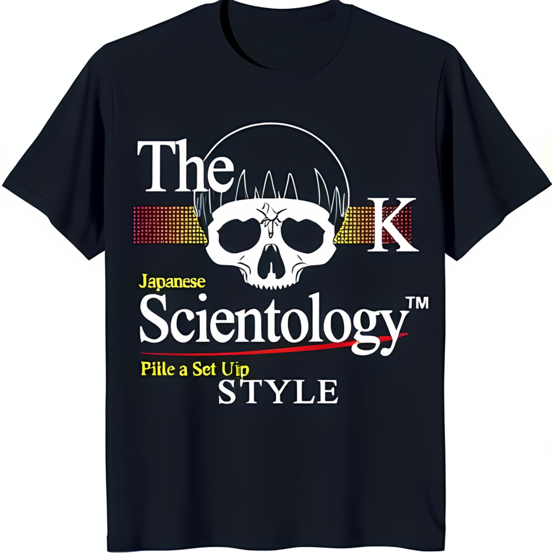 Black T-Shirt with Graphic 'Japanese Scientology' Design Bold Colors ...