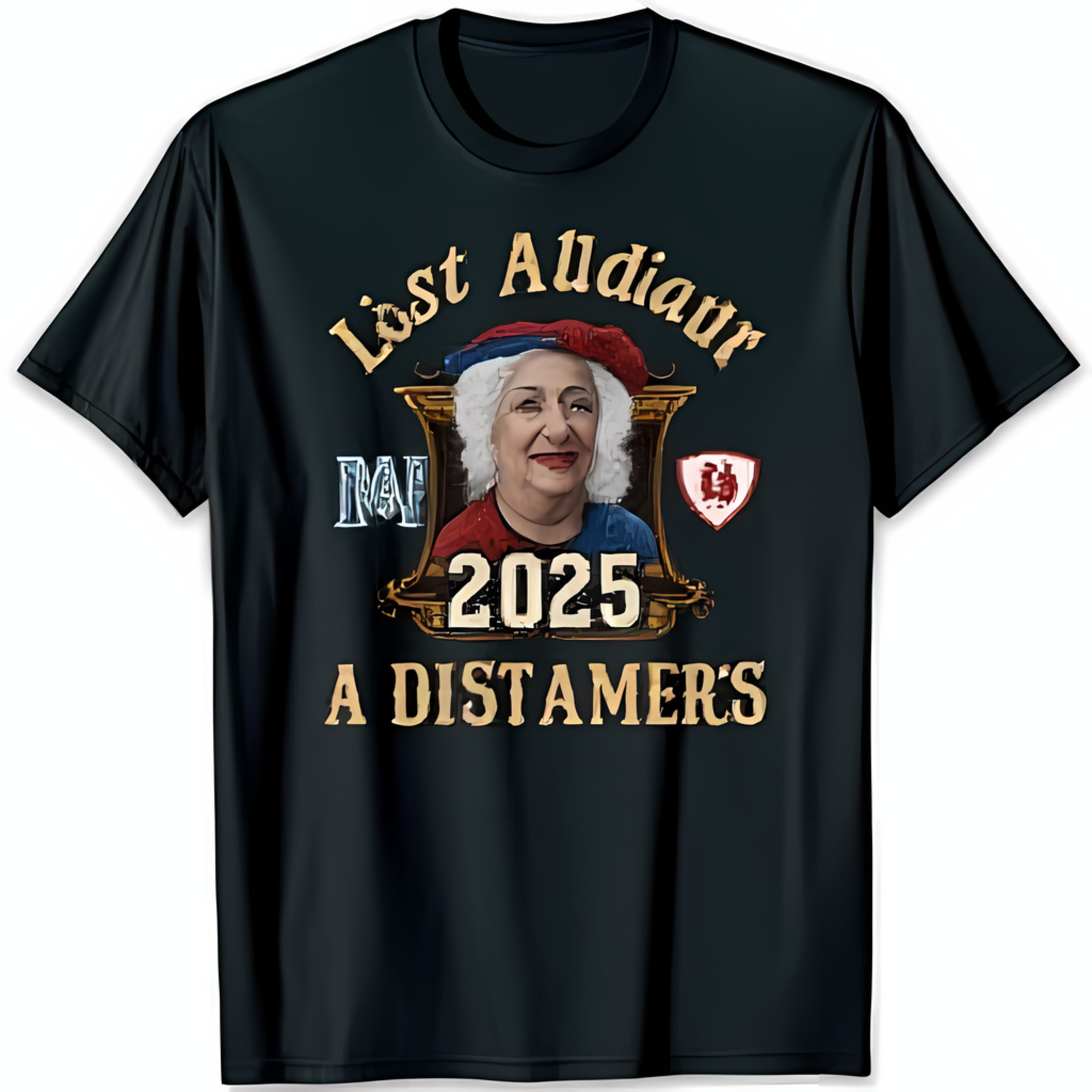 Black T-Shirt with Graphic Portrait of Woman in Red Beret & Gold Lost ...