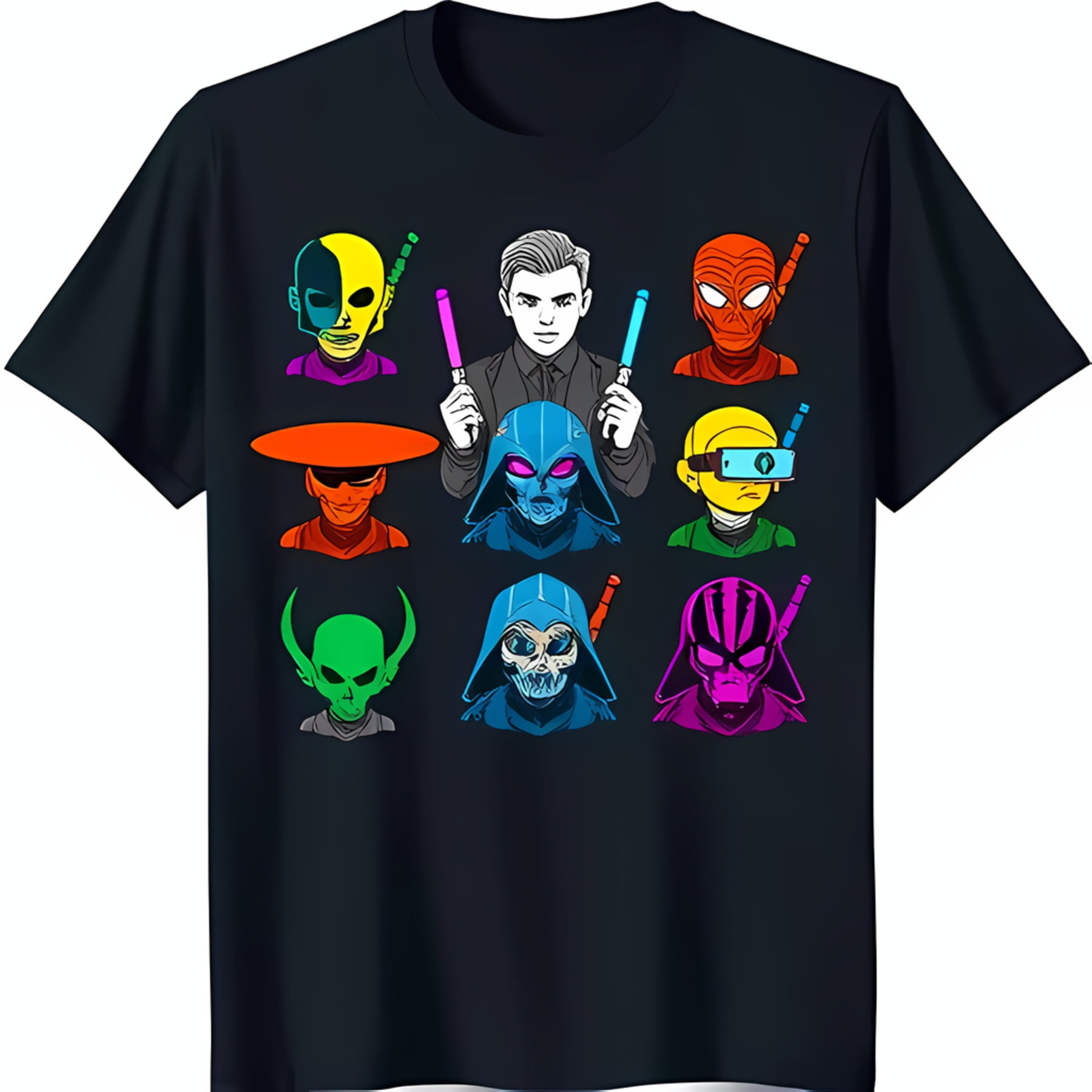 Black T-Shirt with Graphic Print of 9 Colorful Characters in and ...