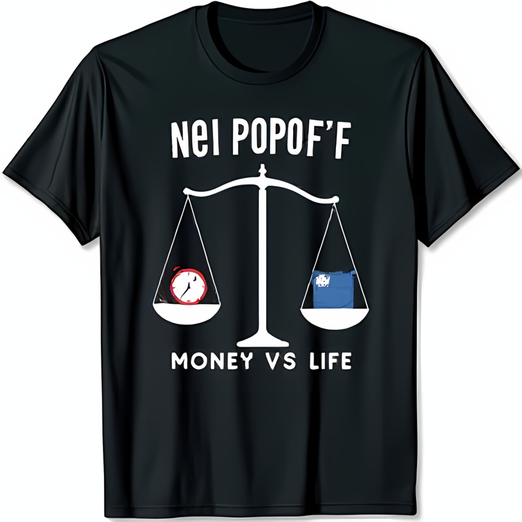 Black T-Shirt with Graphic: Scale Design of Clock & Money Bag Money vs ...