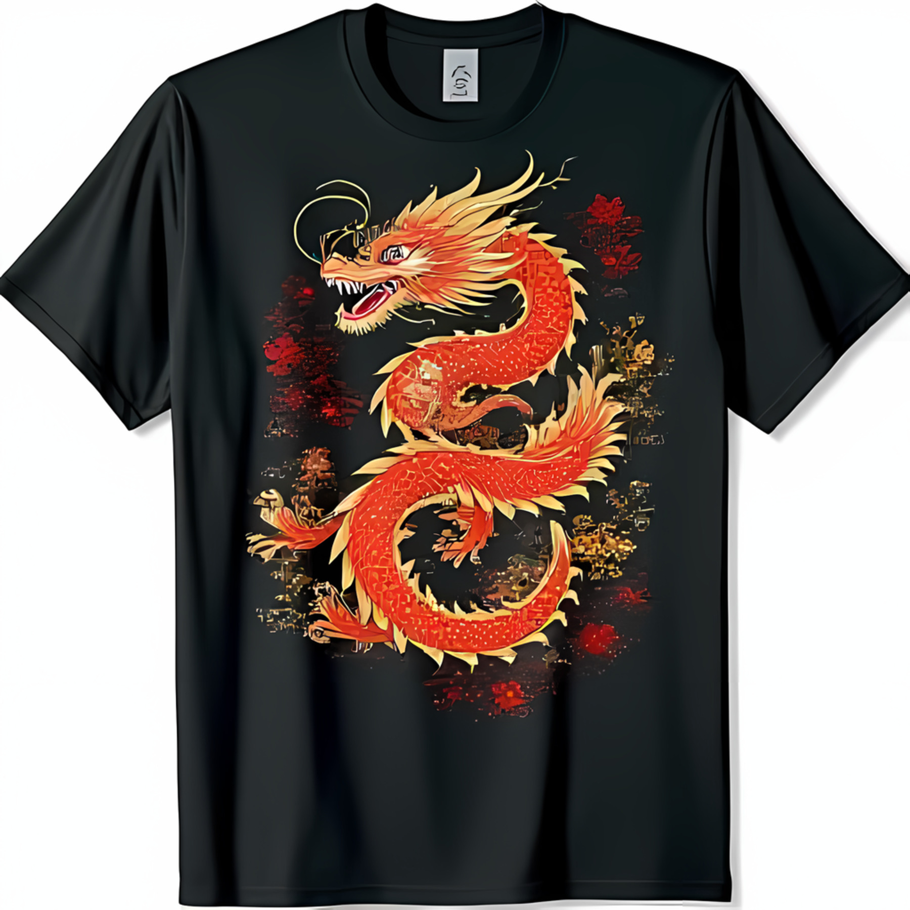 Black T-Shirt with Graphic Spiral Design with Golden Trim & Cloud ...