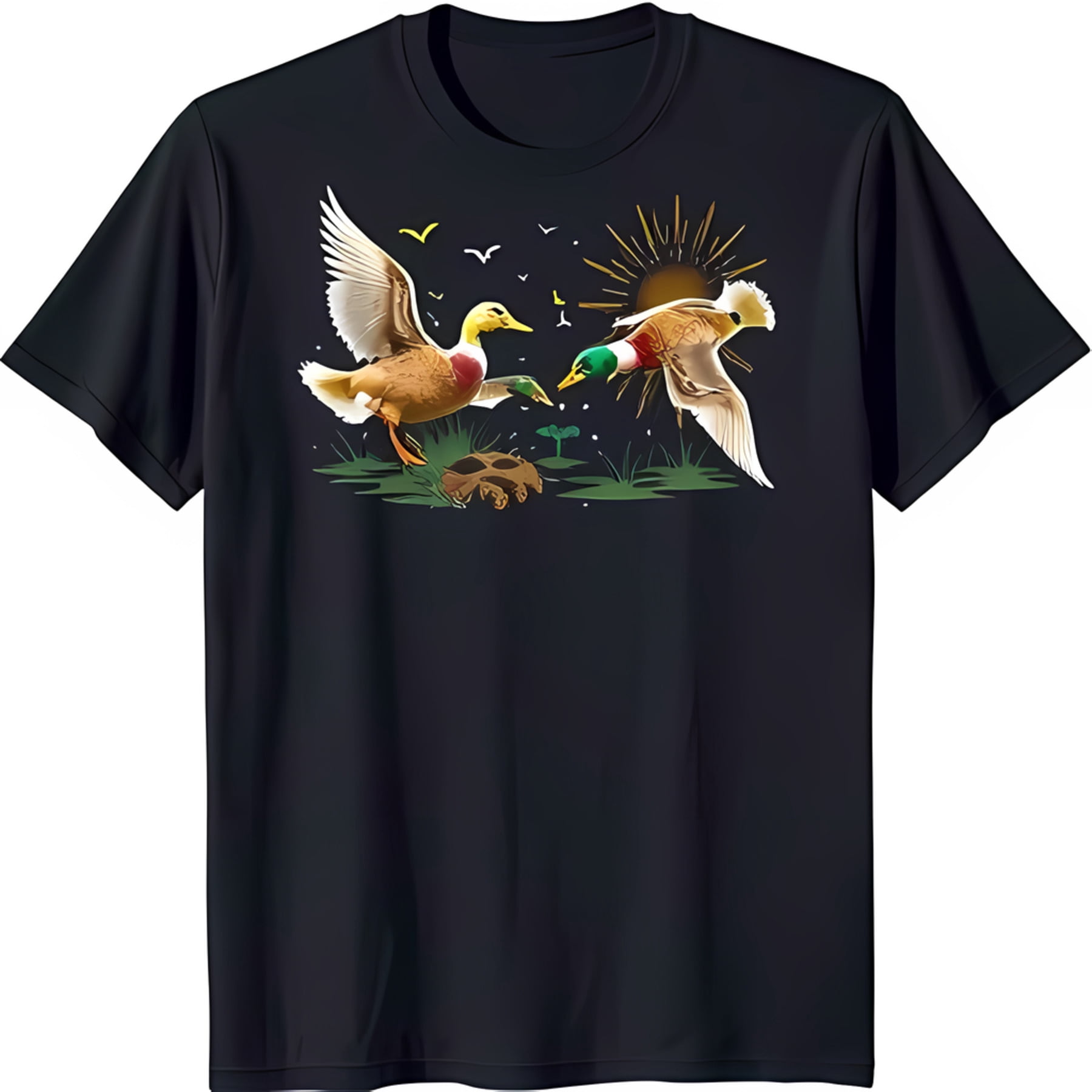 Black T-Shirt with Graphic of Ducks in Sun Grass & Water Design ...