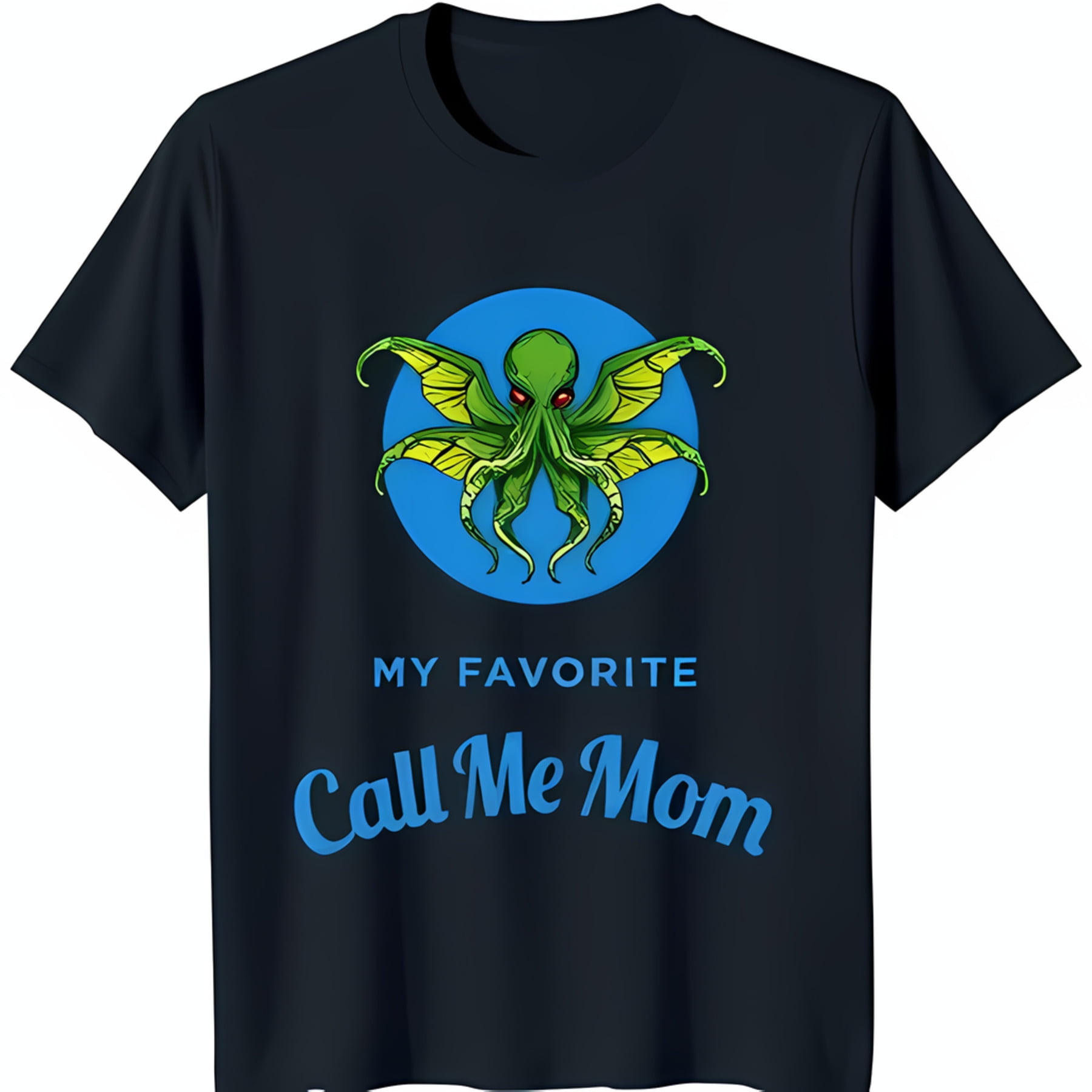 Black T-Shirt with Graphic of Green Winged Octopus & 'My Favorite Call ...
