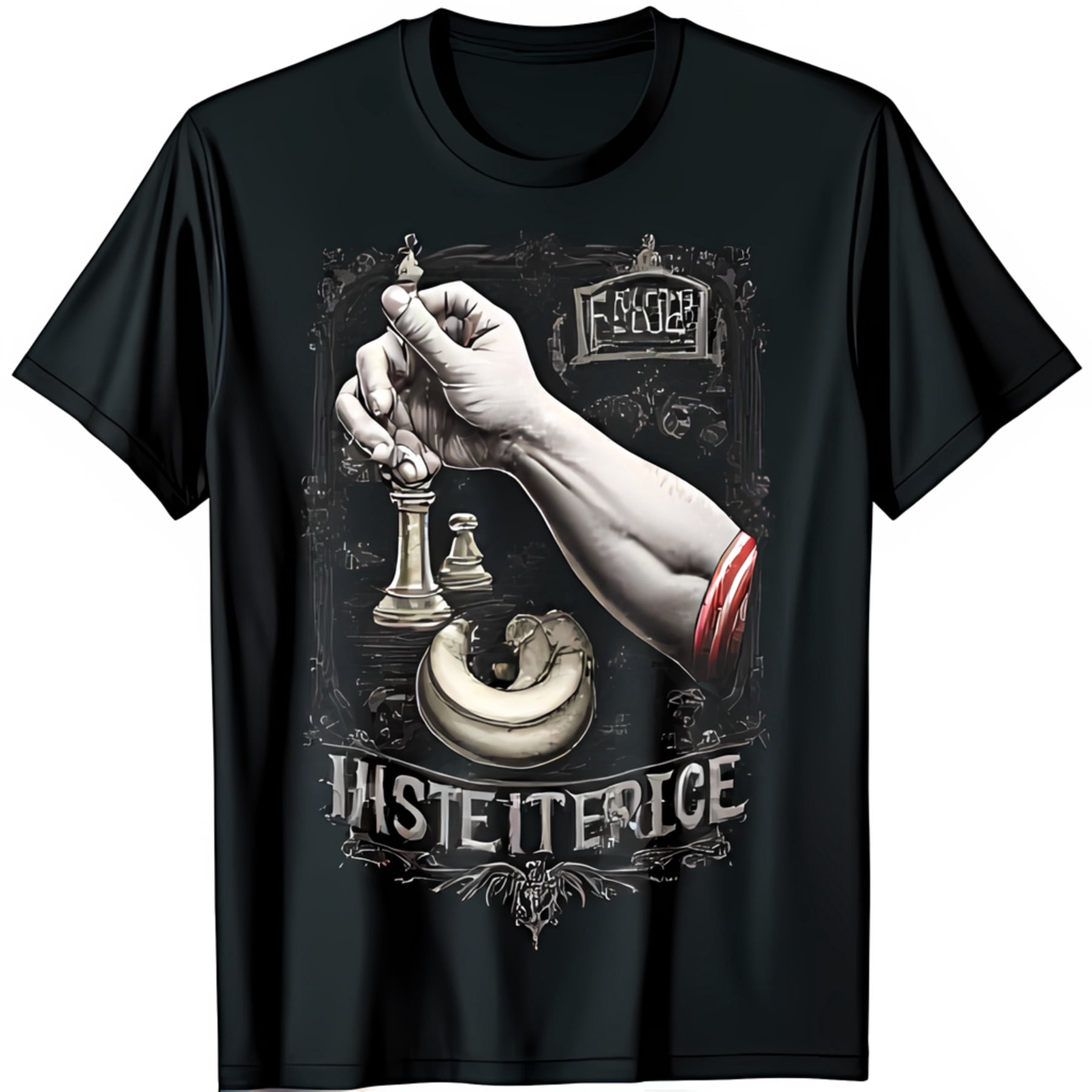 Black T-Shirt with Graphic of Hand Picking King Chess Piece in Ornate ...