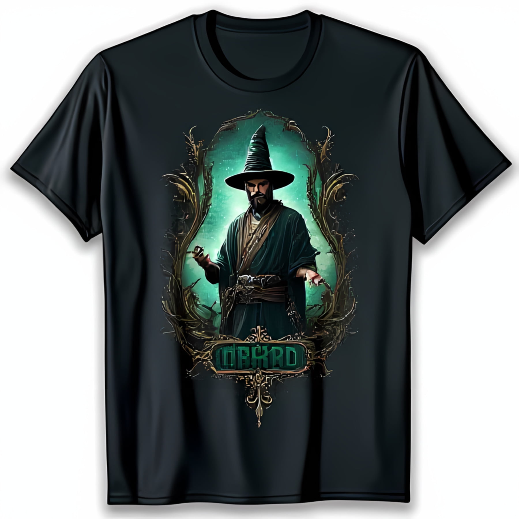 Black T-Shirt with Graphic of Man in Green Robe & Pointy Hat in Vines ...