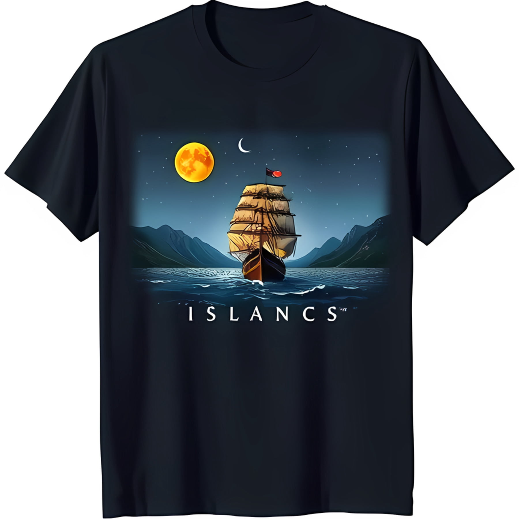 Black T-Shirt with Graphic of Ship Sailing Under Full Moon 'ISLANDS ...