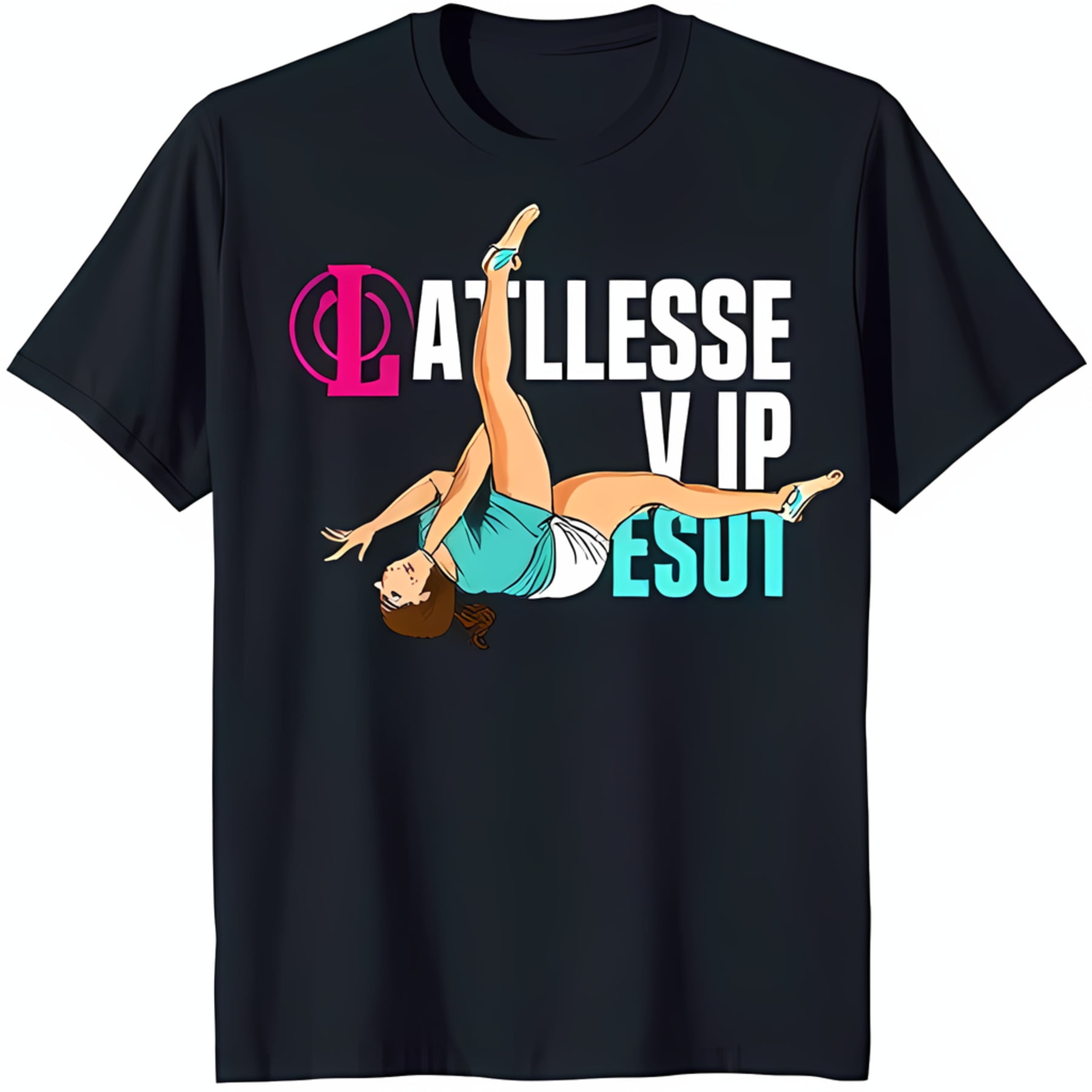 Black T-Shirt with Graphic of Woman in Swimsuit Backbend 'Latlesse Esut ...
