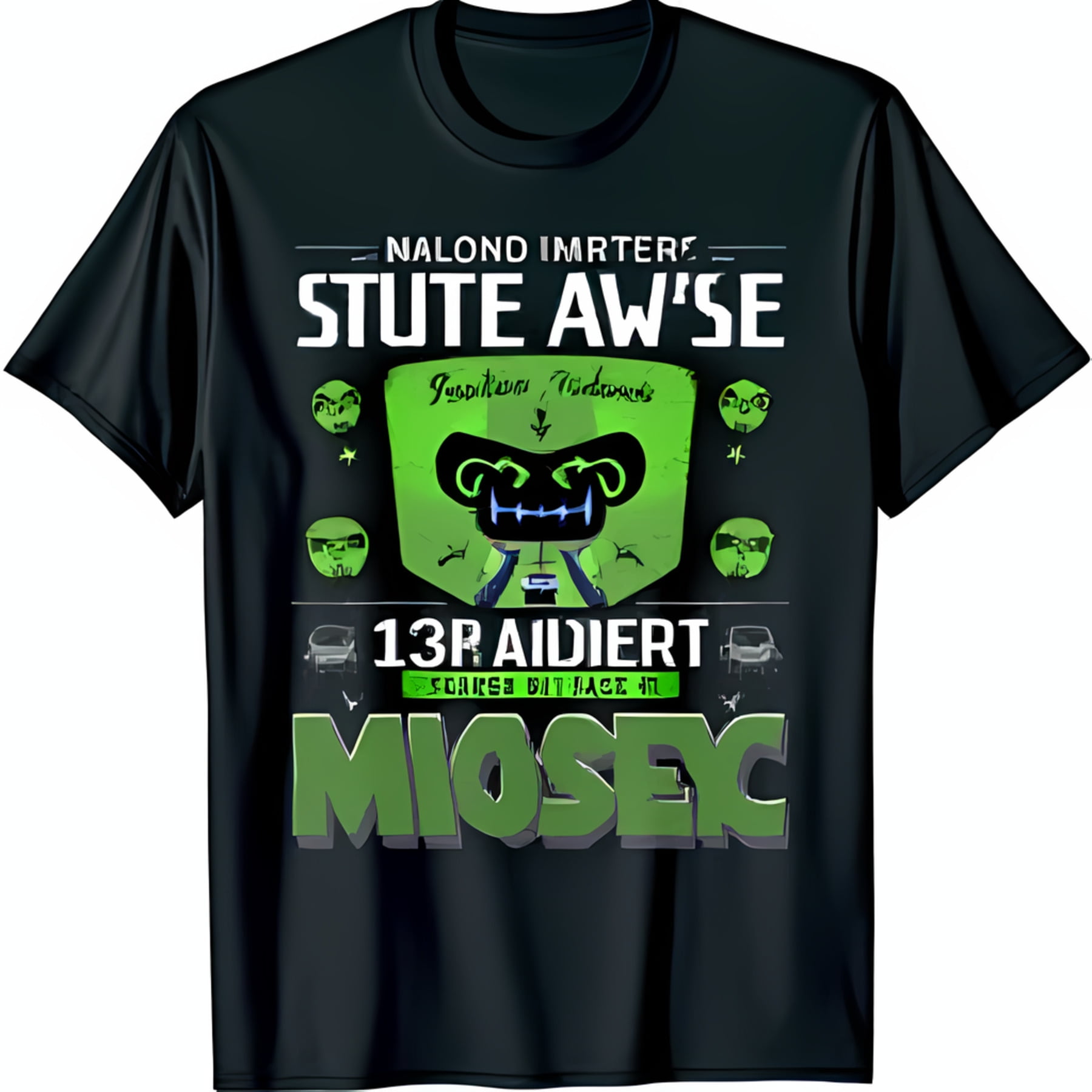Black T-Shirt with Green Cartoon Design Face 'Stute Aw'se Scarer Bit ...