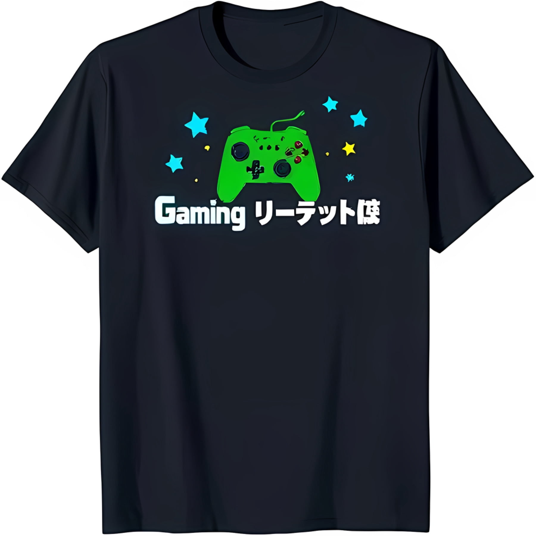 Black T-Shirt with Green Controller & Light Blue Stars 'Gaming リ ラット ...