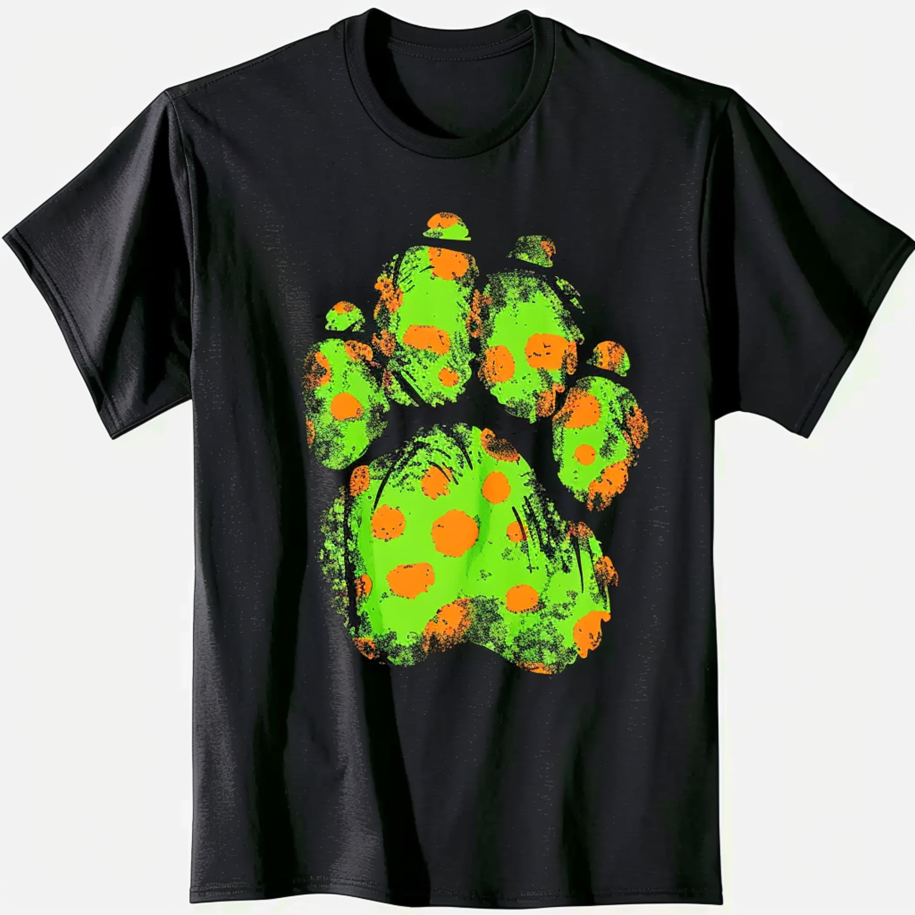 Black T Shirt with Green Dog Paw Print and Orange Dots Design Size S200 ...
