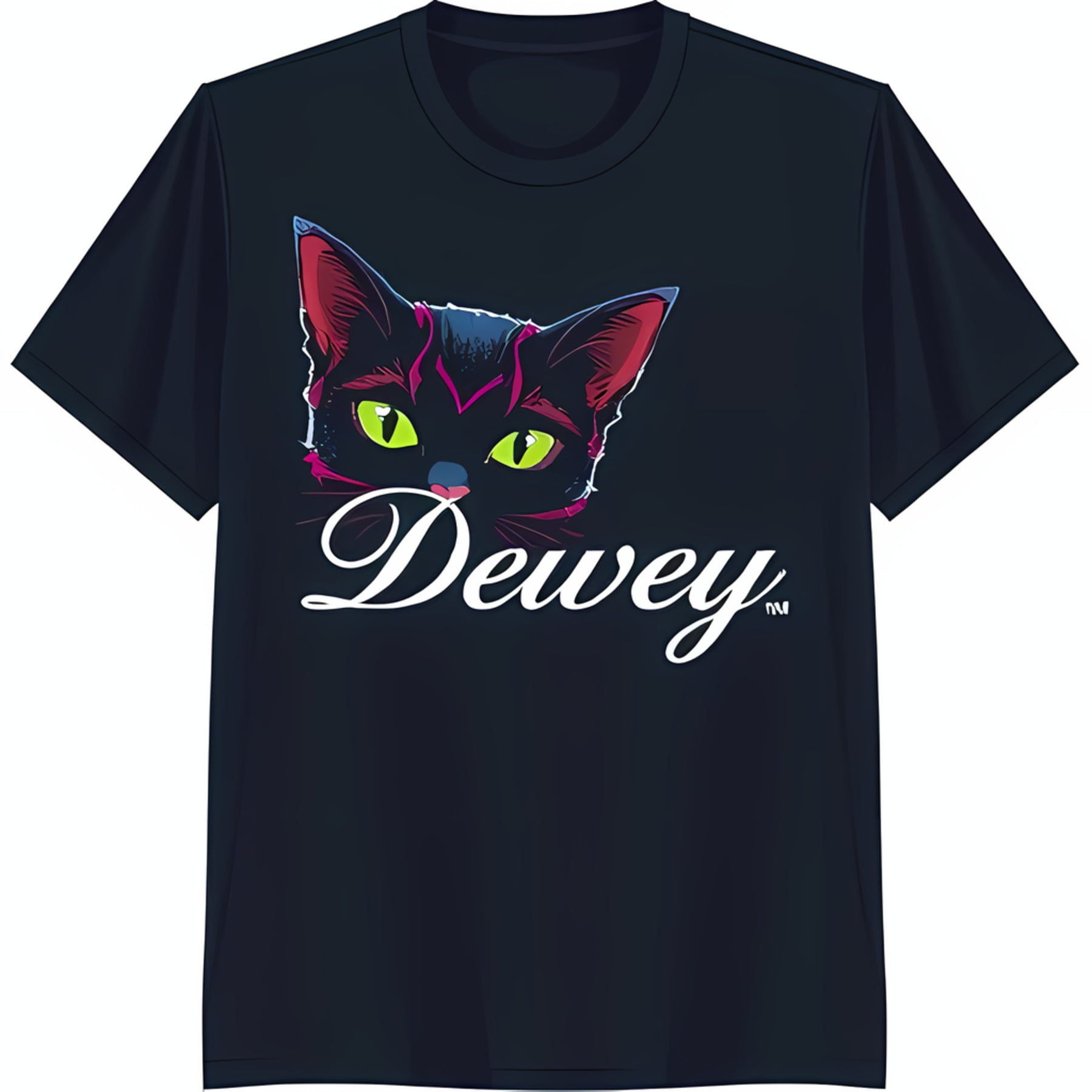 Black T-Shirt with Green Eyed Cat Design and 'Dewey' Cursive Text ...