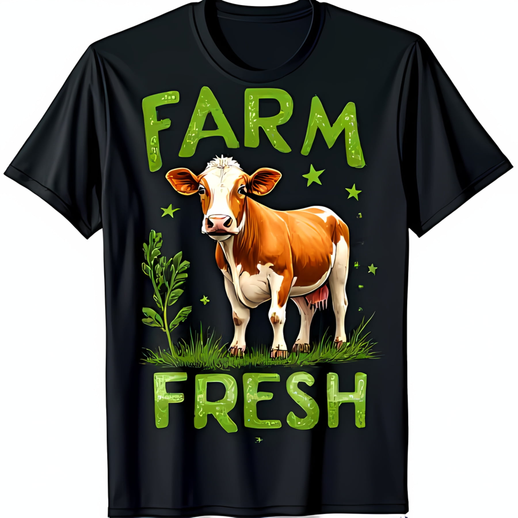 Black T-Shirt with Green FARM FRESH Graphic Design Featuring Cow in ...