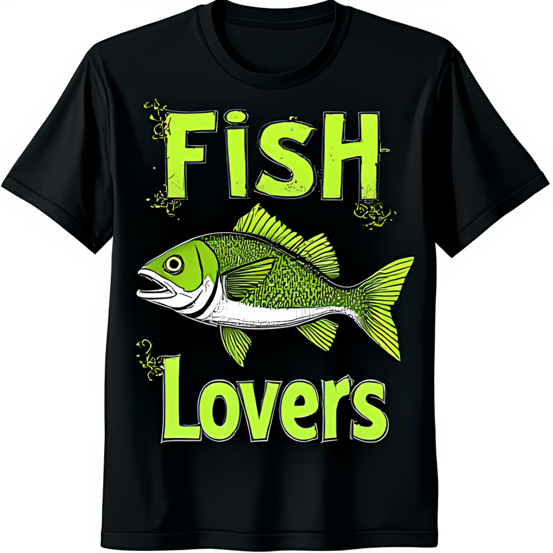 Black T-Shirt with Green Fish Design and Fish Lovers Text for ...