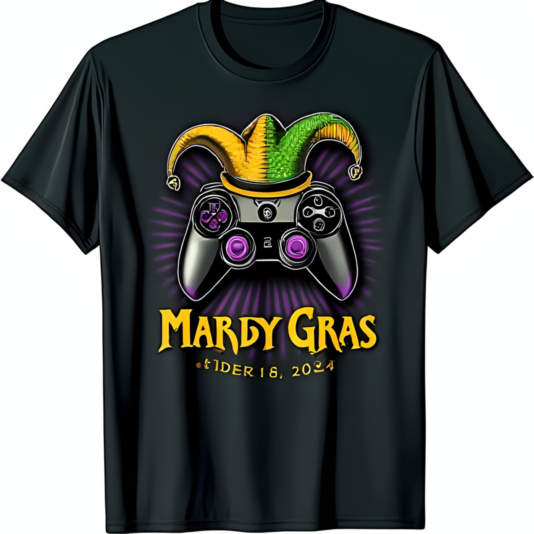 Black T-Shirt with Green Gold Controller & Jester Hat Design Mardy Gras ...