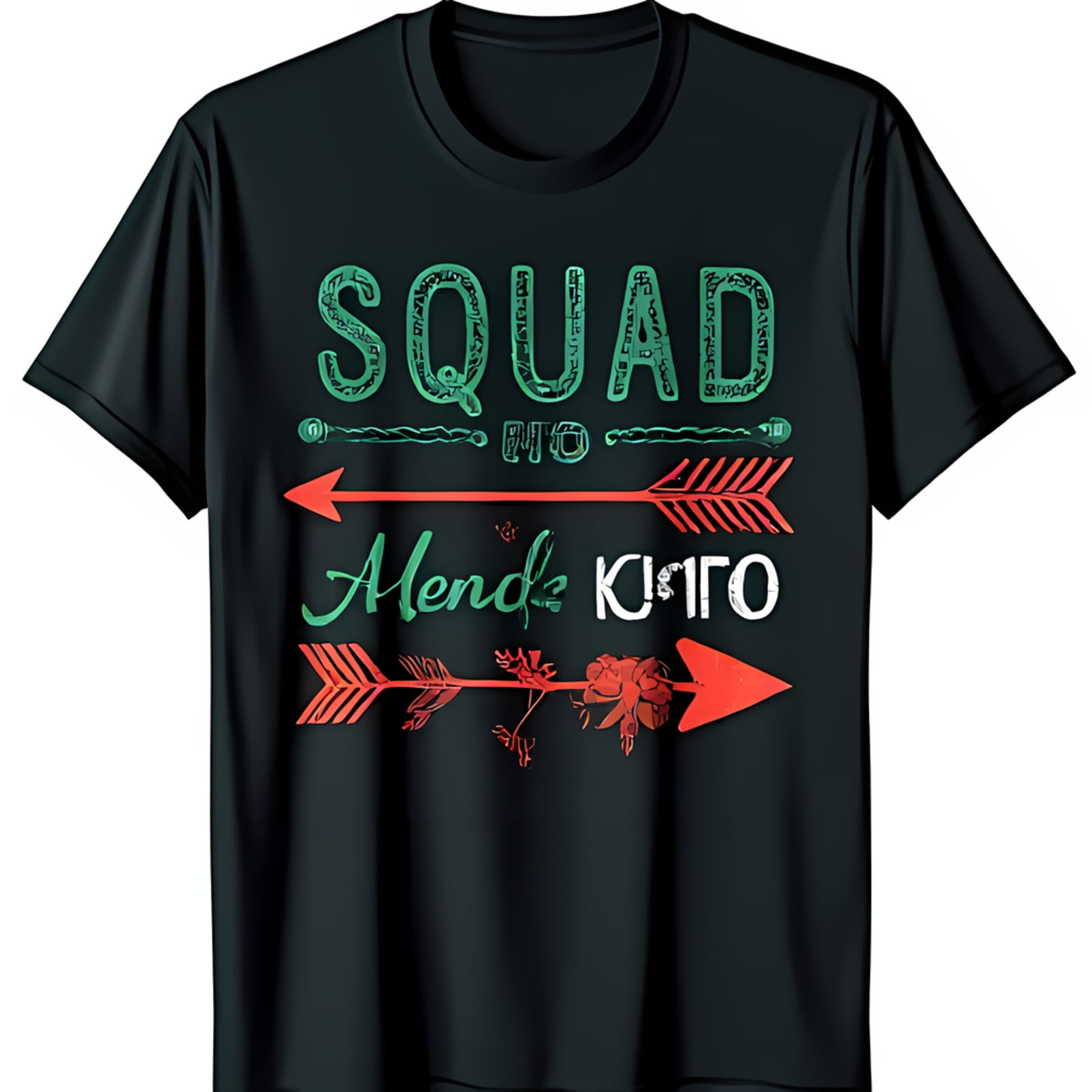 Black T-Shirt with Green SQUAD Graphic Red Arrows & Floral Accents Mends K1NGO Cursive Design ...