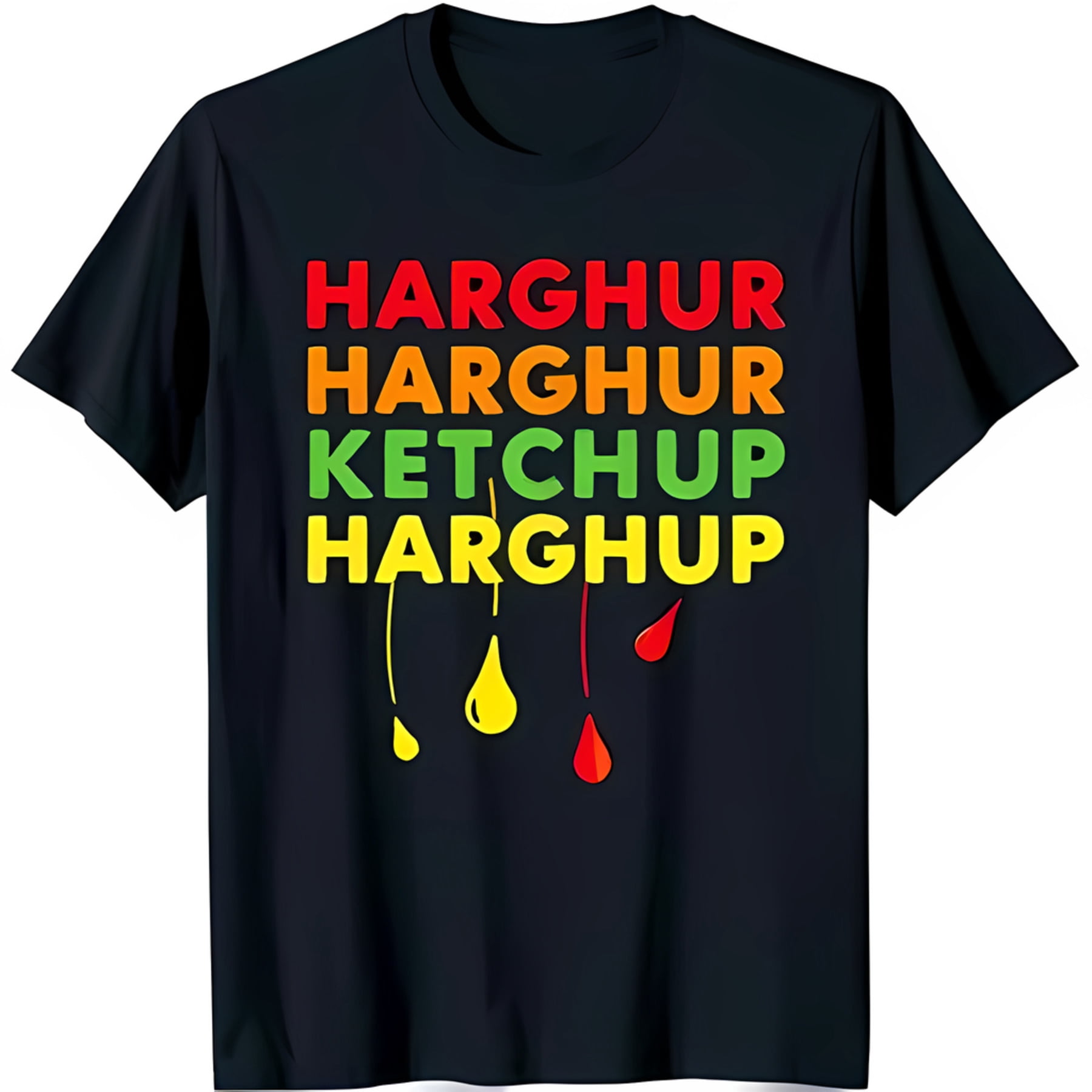 Black T-Shirt with 'HARGHUR' Design Repeated Text & Dripping Sauce Art ...