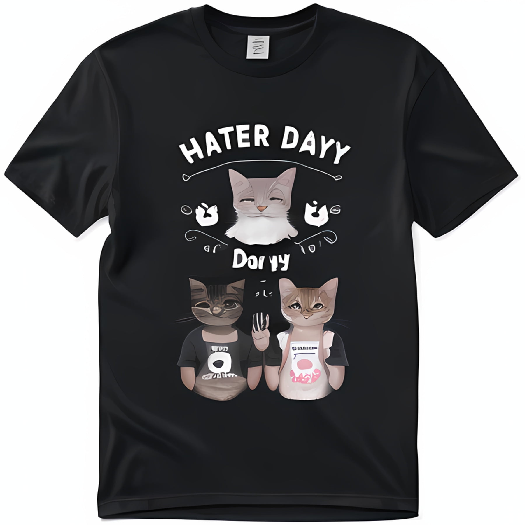 Black T-Shirt with 'HATER DAVY' Text and Three Cartoon Cat Characters ...
