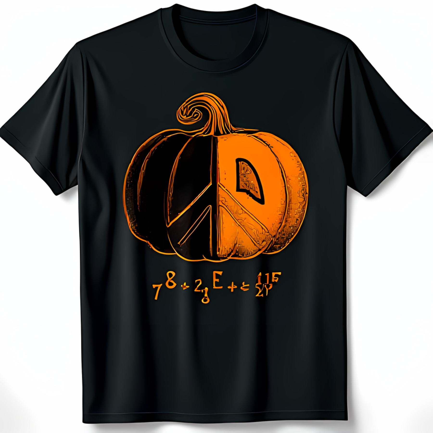 Black T-Shirt with Half Pumpkin & Peace Symbol Over Math Equation ...