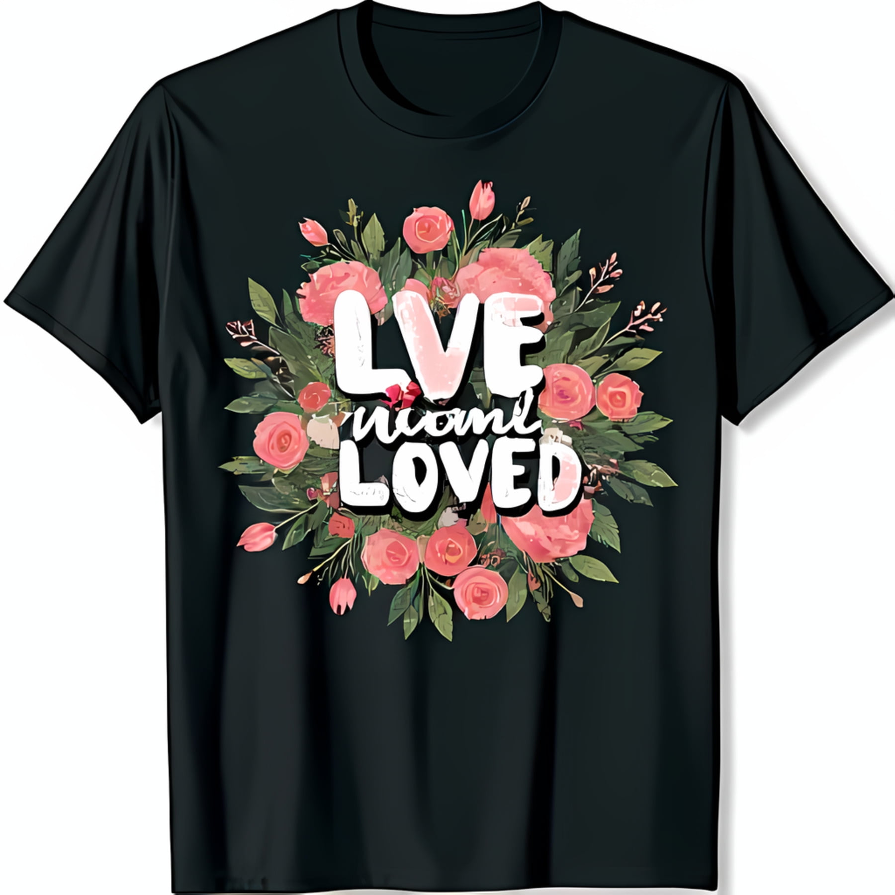 Black T-Shirt with Hand Drawn Pink Flower Bouquet & LOVE and LOVED ...