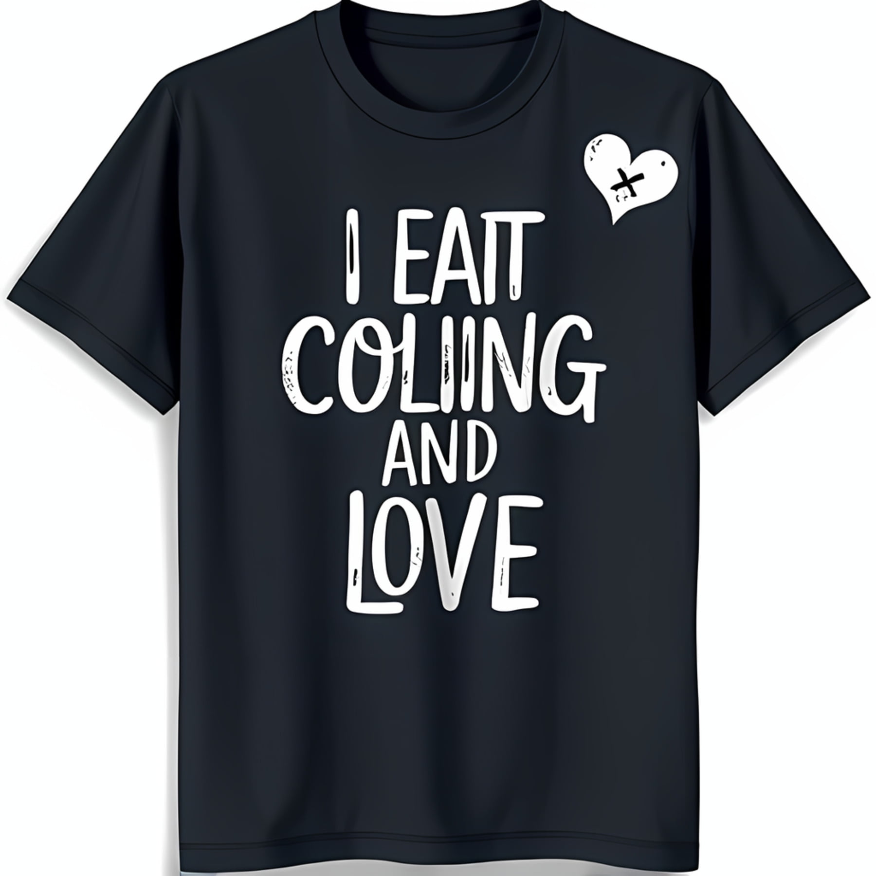 Black T-Shirt with Handwritten 'I Eat Coling and Love' Graphic & Heart ...