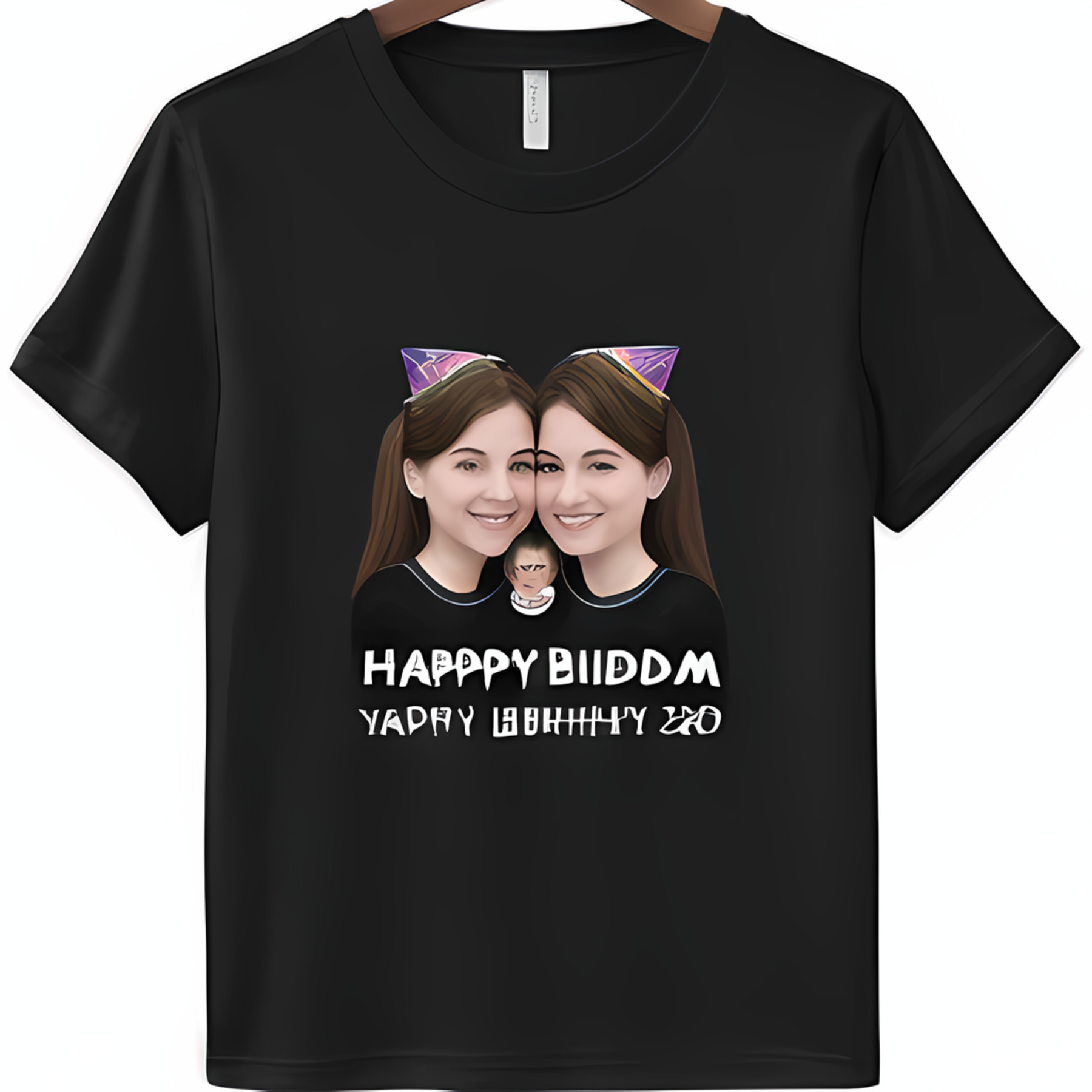 Black T-Shirt with 'Happy Birthday' Text Cartoon Women in Baby Office ...