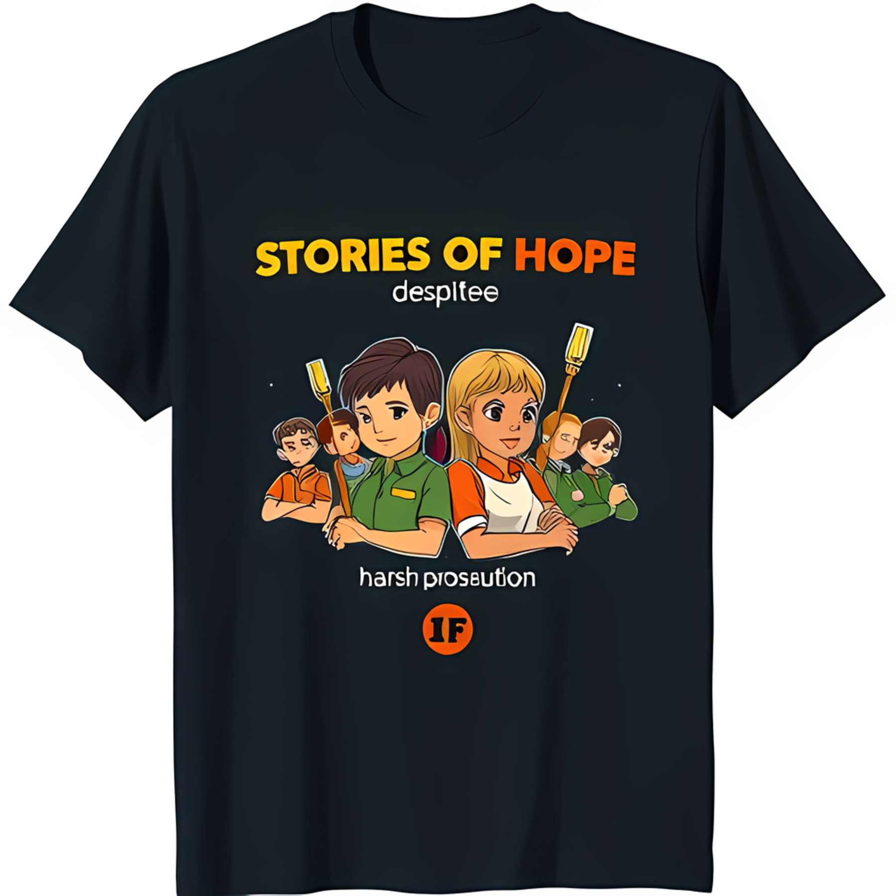 Black T-Shirt with Happy Cartoon Characters & 'Stories of Hope' Graphic ...