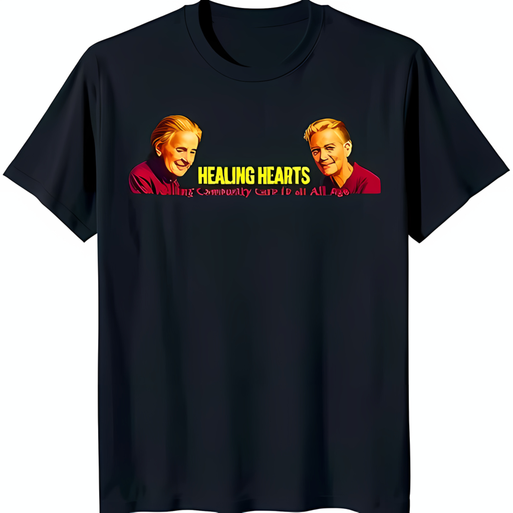 Black T-Shirt with Healing Hearts Graphic: Smiling Seniors & Community ...