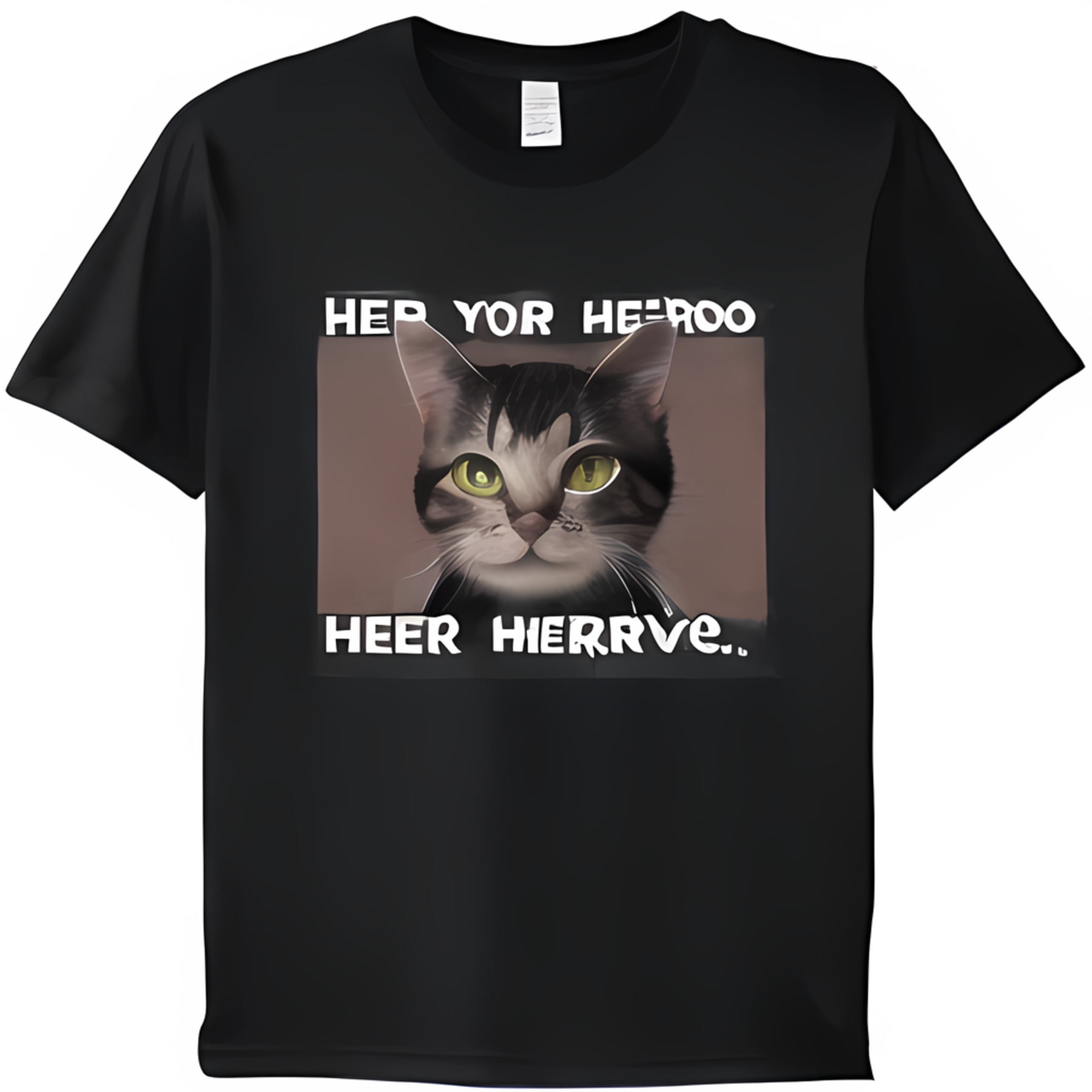 Black T-Shirt with 'Hear Your Hero' Text and Cartoon Cat Illustration ...