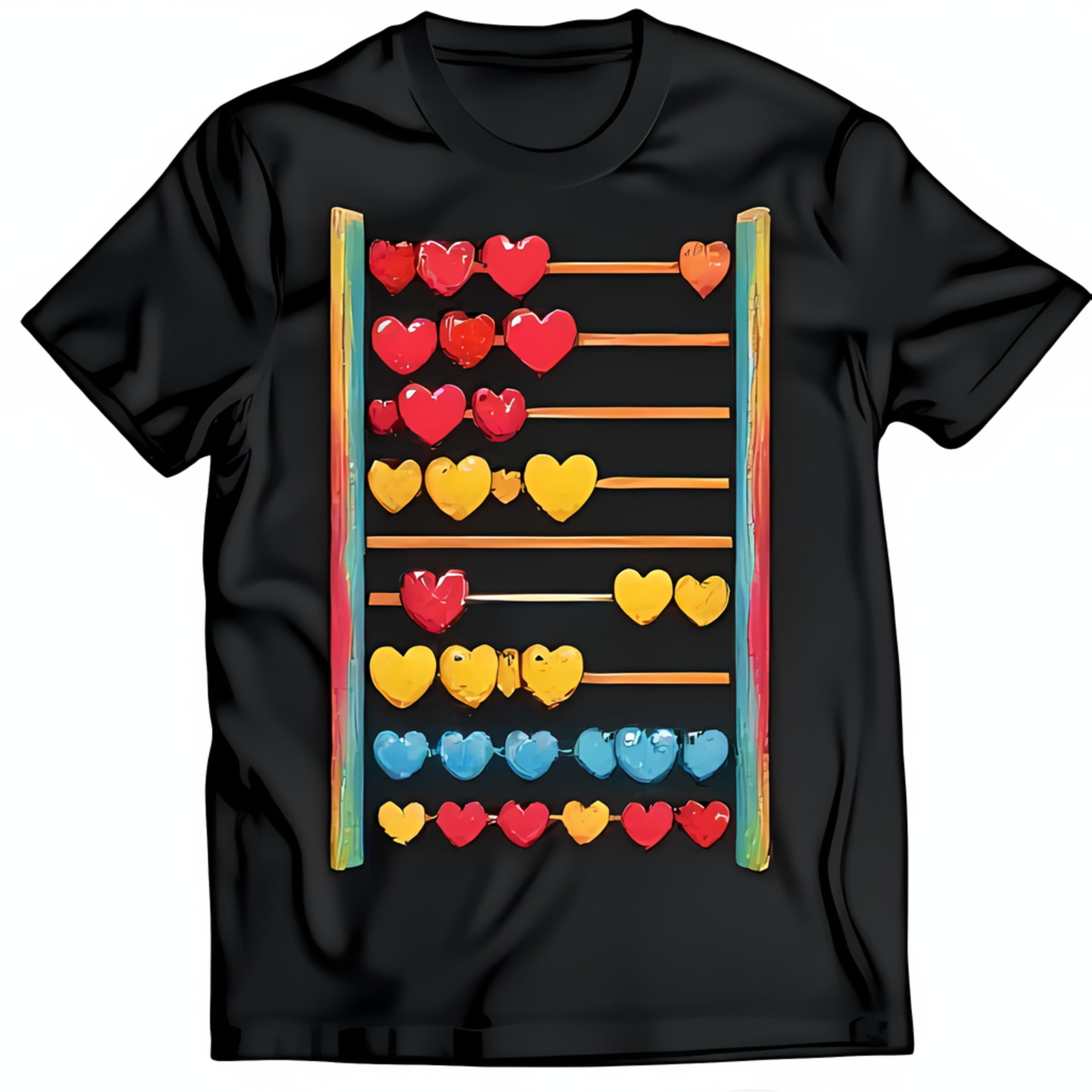 Black T-Shirt with Heart Abacus Graphic Colorful Rows of Red Yellow ...