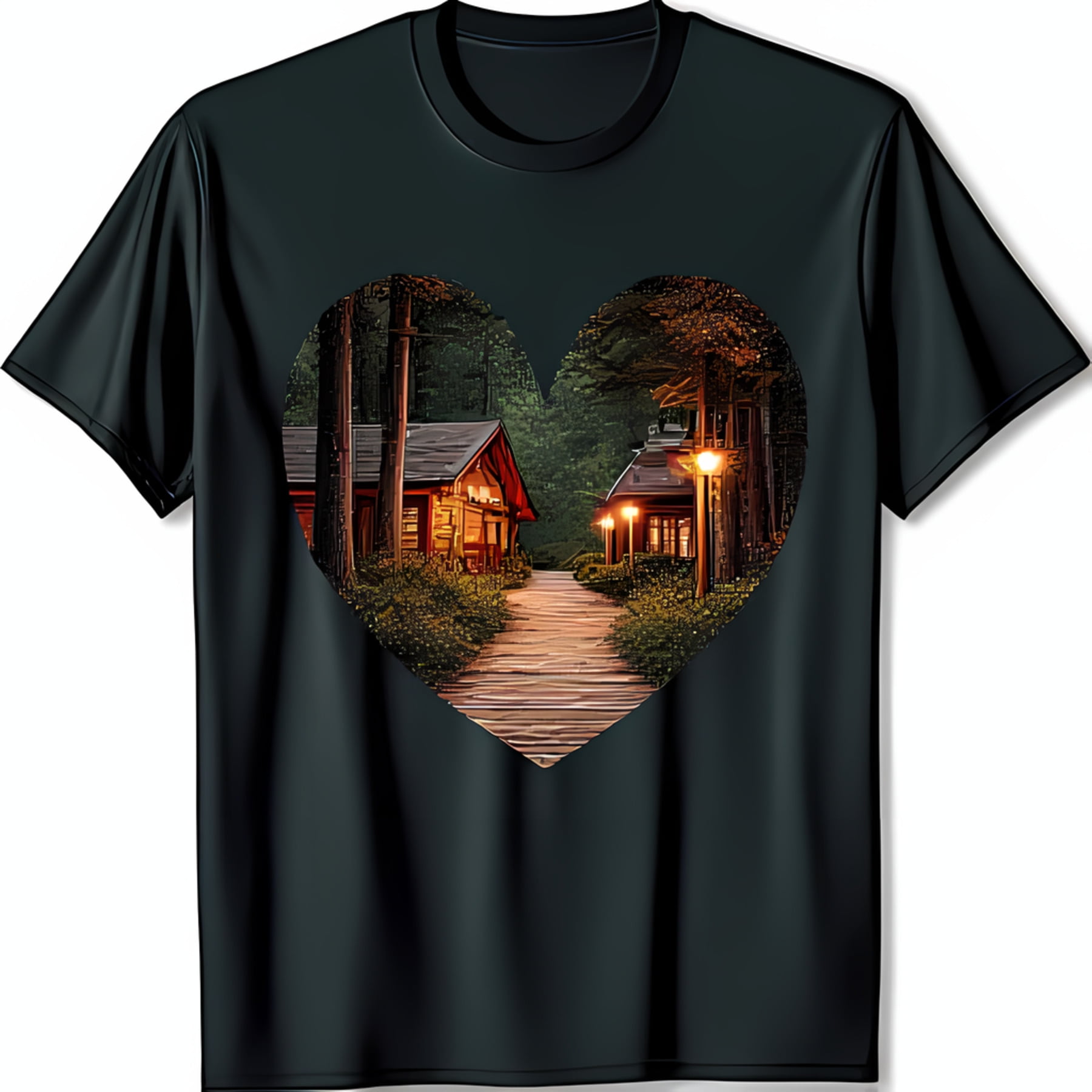 Black T-Shirt with Heart Design Featuring Rustic Forest and Log Cabins ...