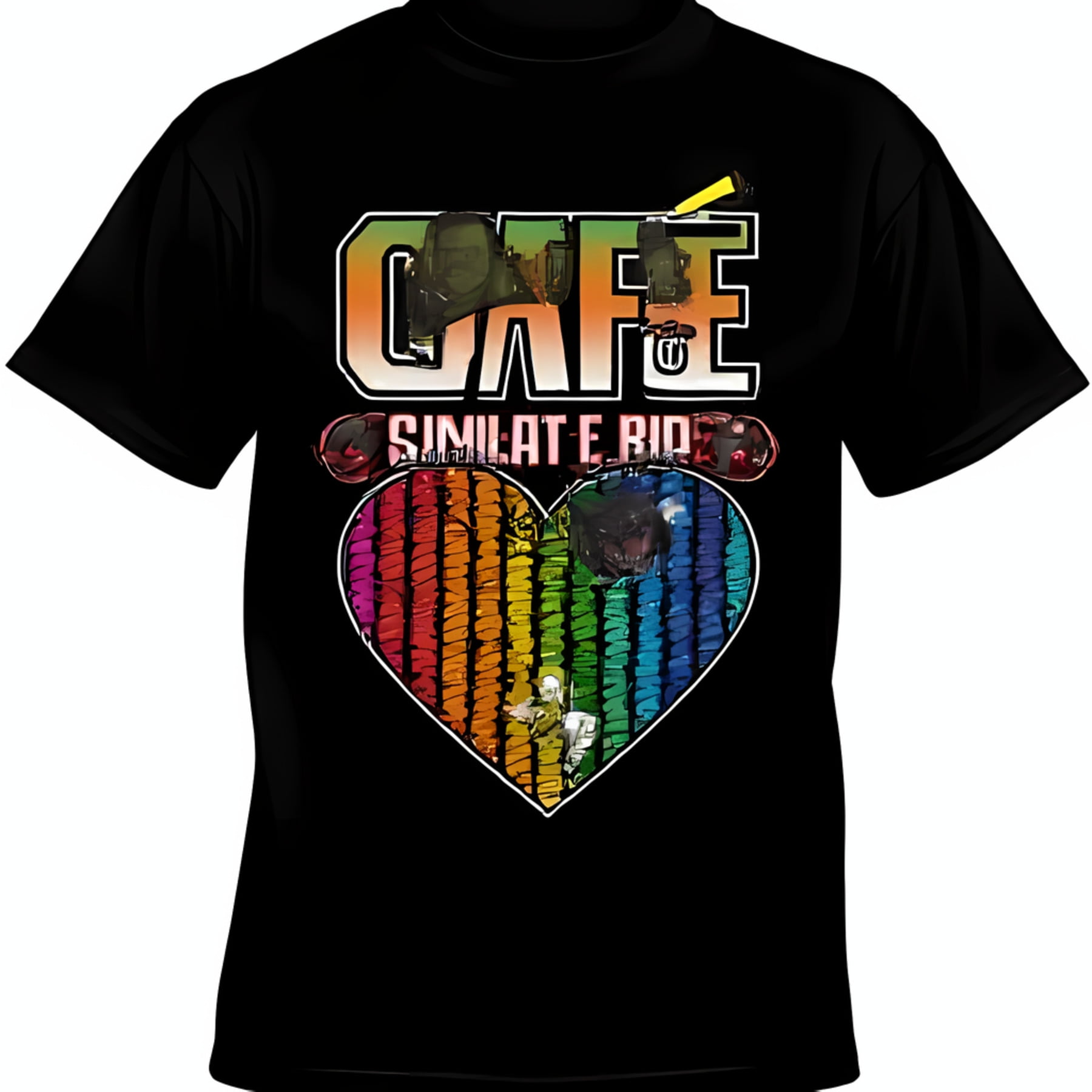 Black T-Shirt with Heart Design and CAFE Text Whimsical SIMILAT E RID ...
